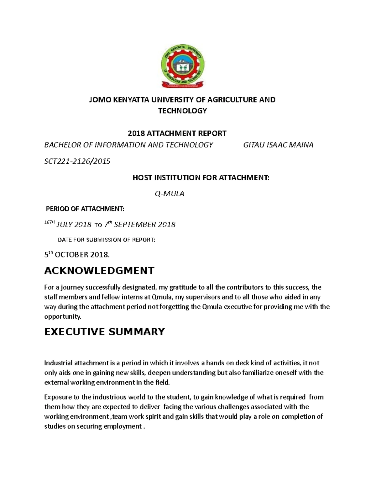 attachment report - JOMO KENYATTA UNIVERSITY OF AGRICULTURE AND ...