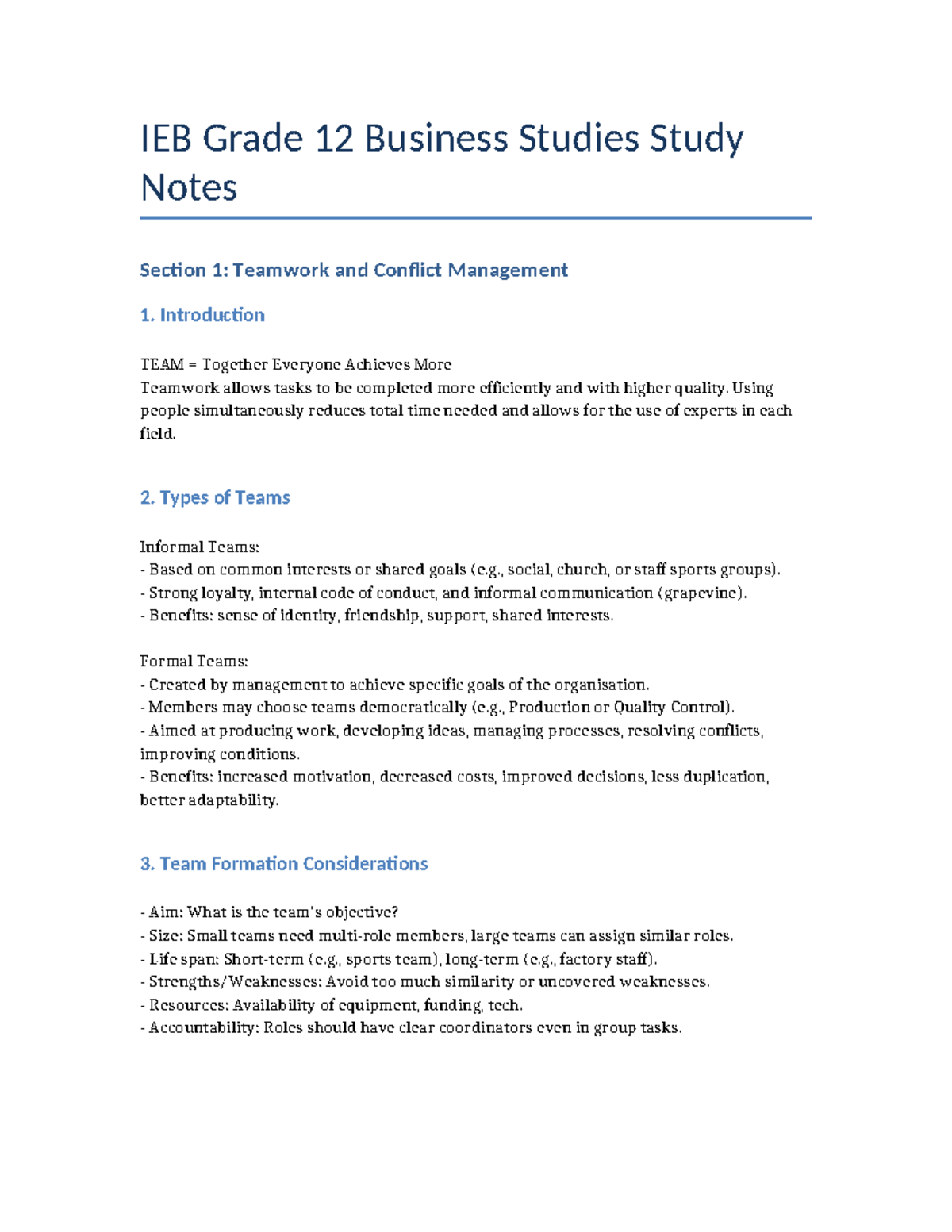 IEB Grade 12 Business Studies Study Notes: Teamwork & Conflict ...