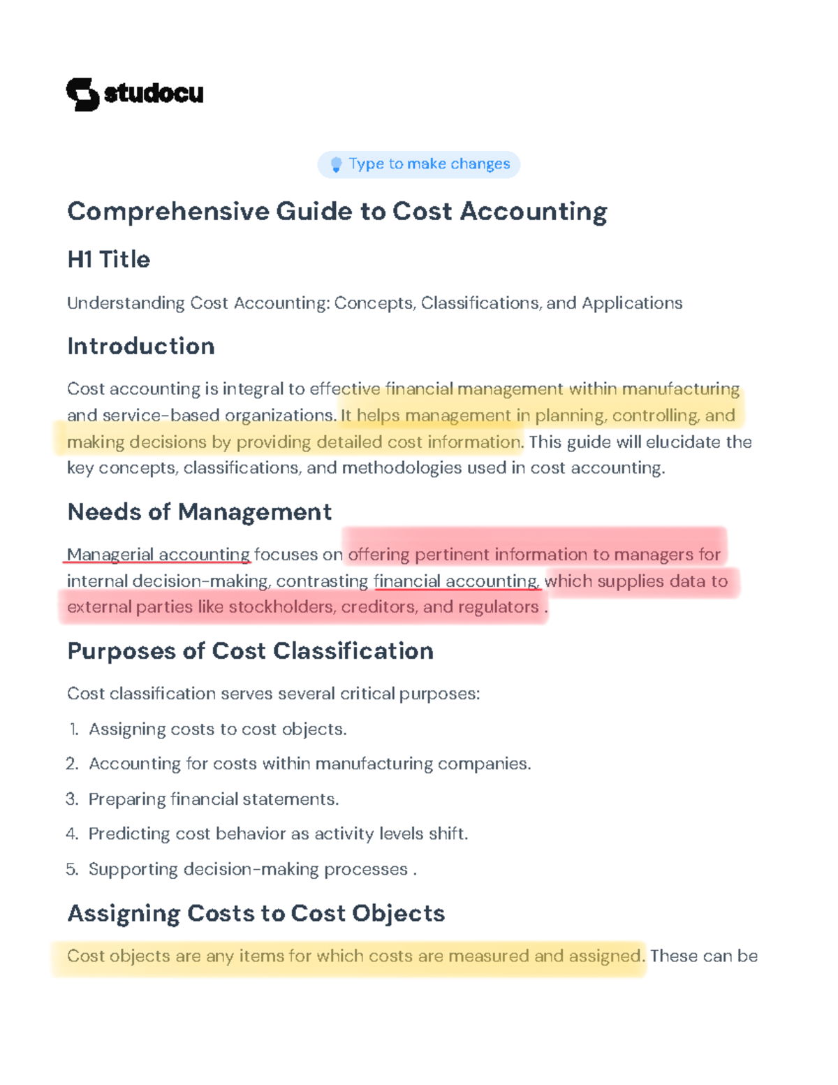 Cost Accounting Concepts and Classifications - Chapter 1 Notes - Studocu