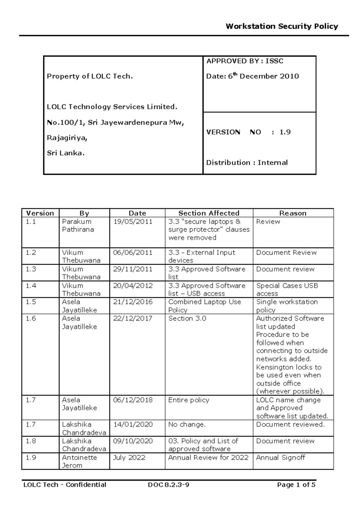 Workstation Security Policy - Property of LOLC Tech. LOLC Technology ...