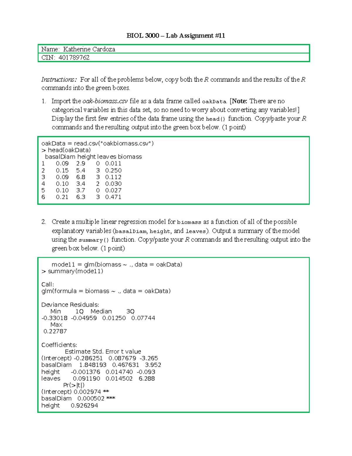 BIOL Lab Assignment: Multiple Linear Regression Model for Biomass - Studocu
