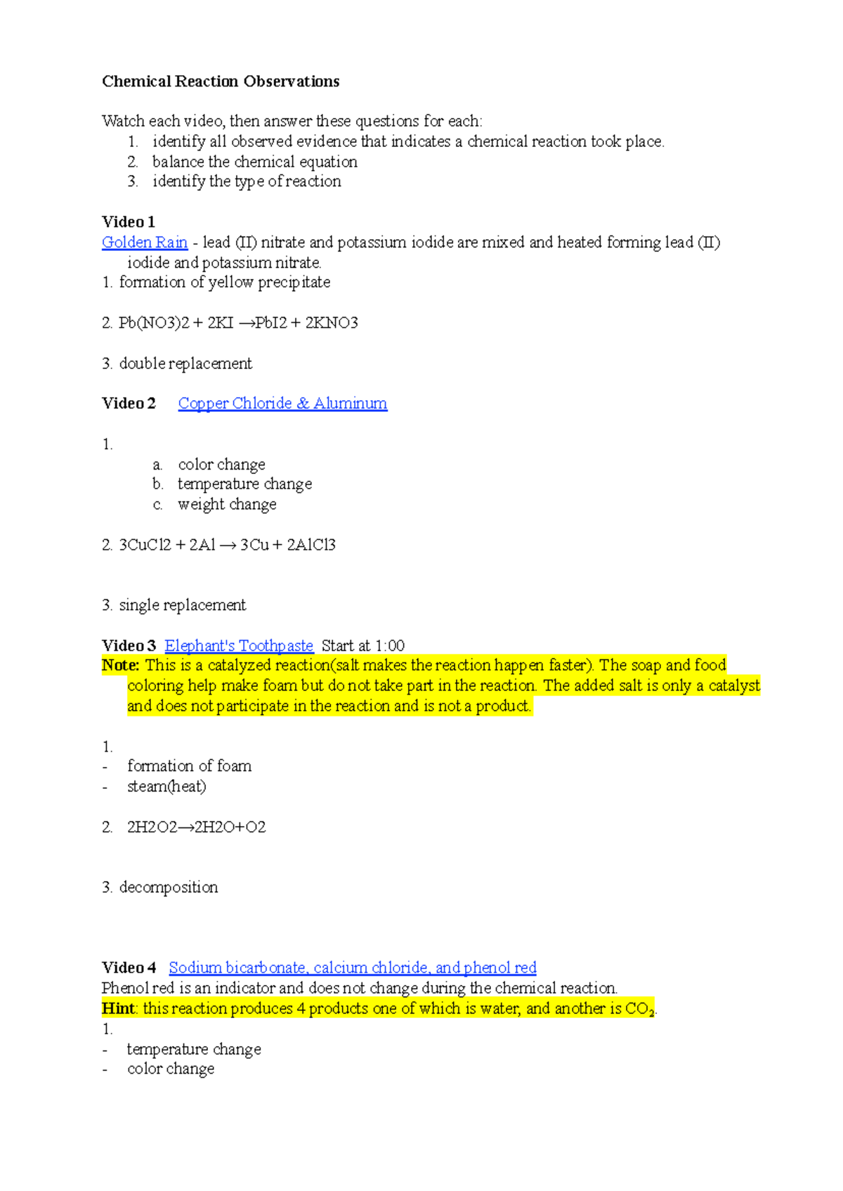 Chemical Reaction Observations: Evidence & Balancing Analysis - Studocu