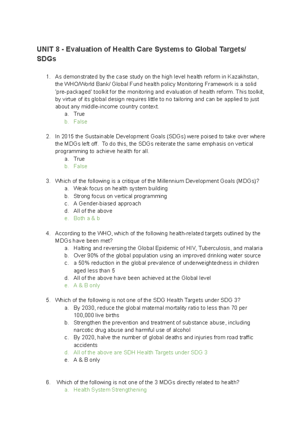 HS 3810 Self Quiz: Evaluation of Health Care Systems & Global SDGs ...