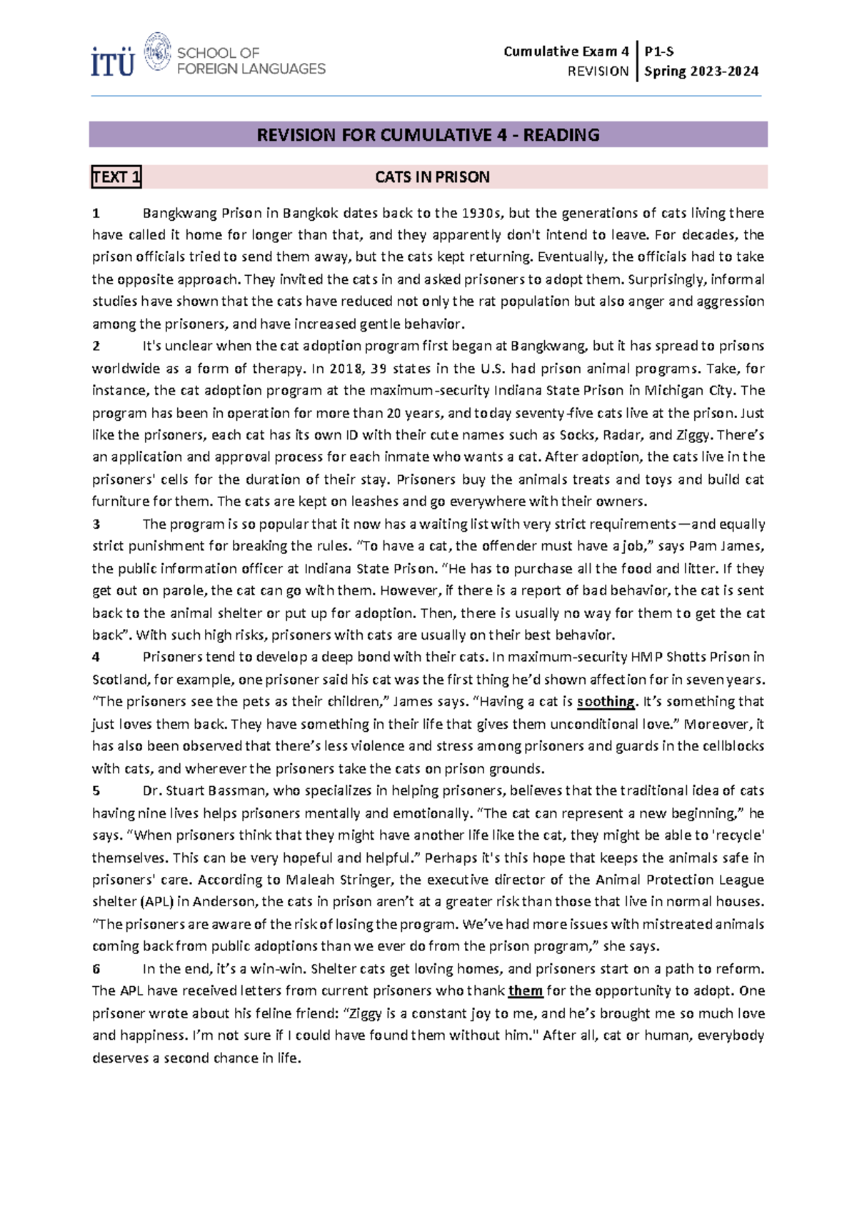 P1-S Reading Revision for Cumulative Exam 4 (Student's Copy ...