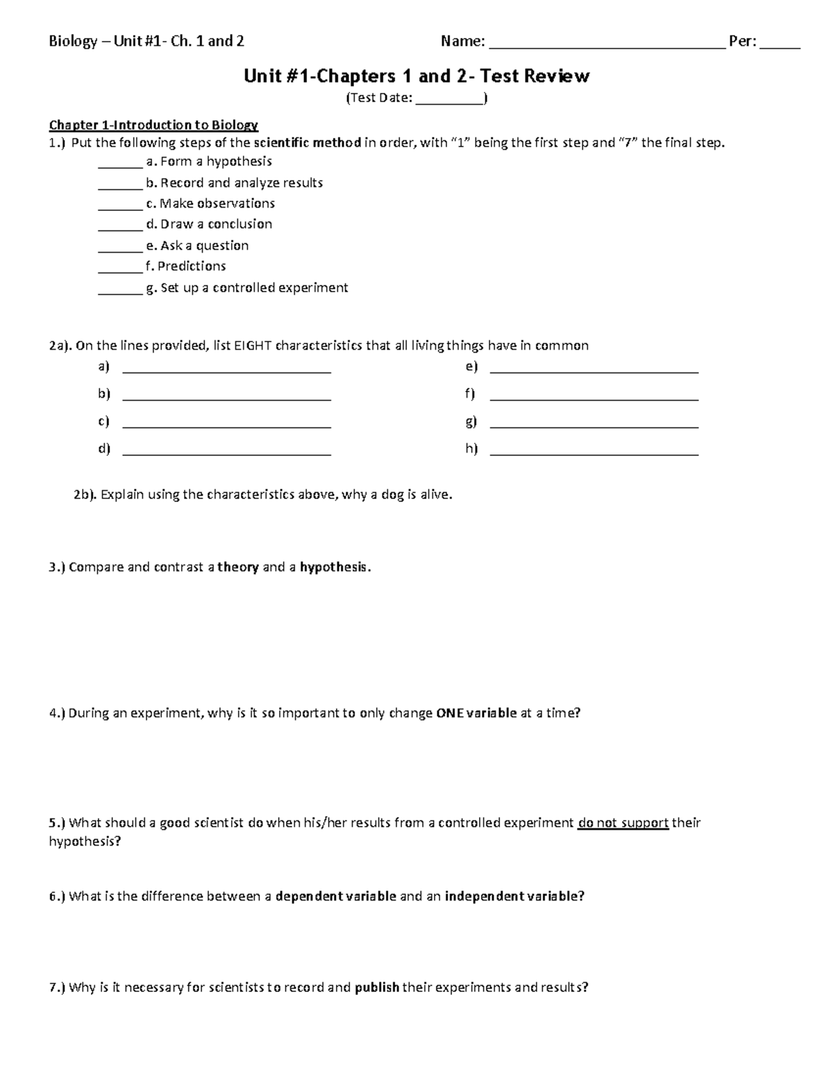 Biology 1 Unit #1 Test Review: Chapters 1 & 2 Study Guide - Studocu