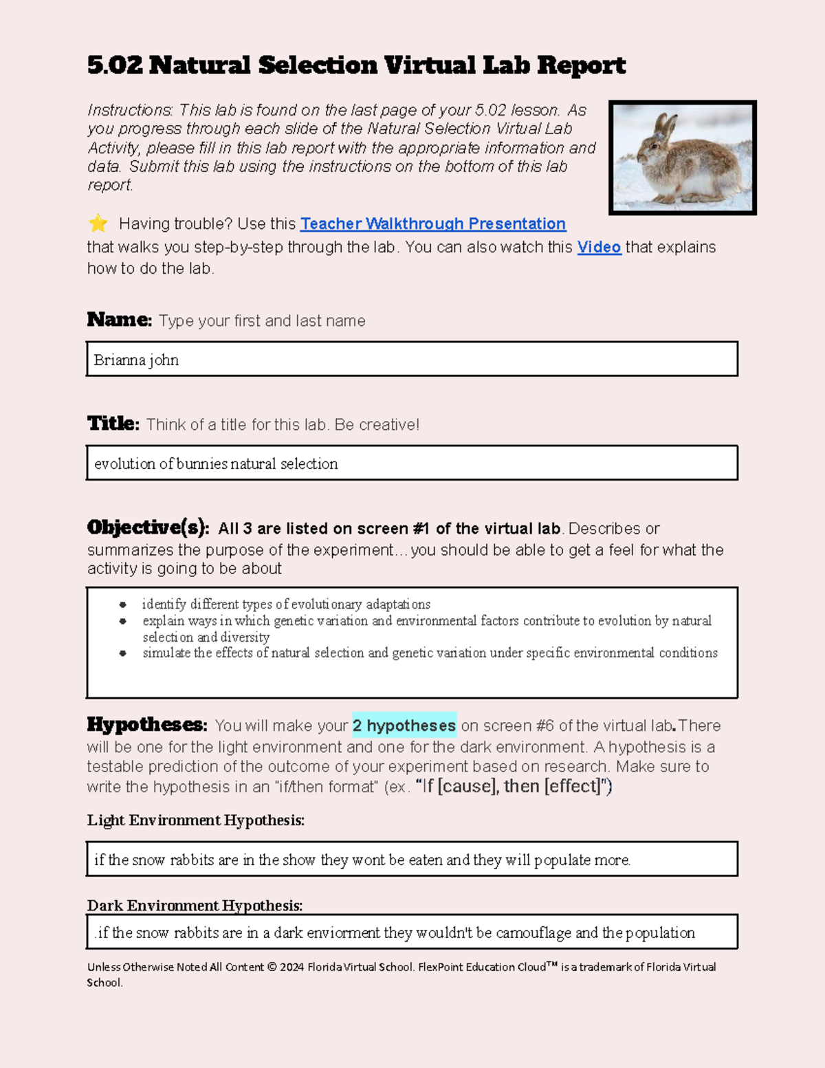5.02 Natural Selection Virtual Lab Report: Evolution of Bunnies - Studocu