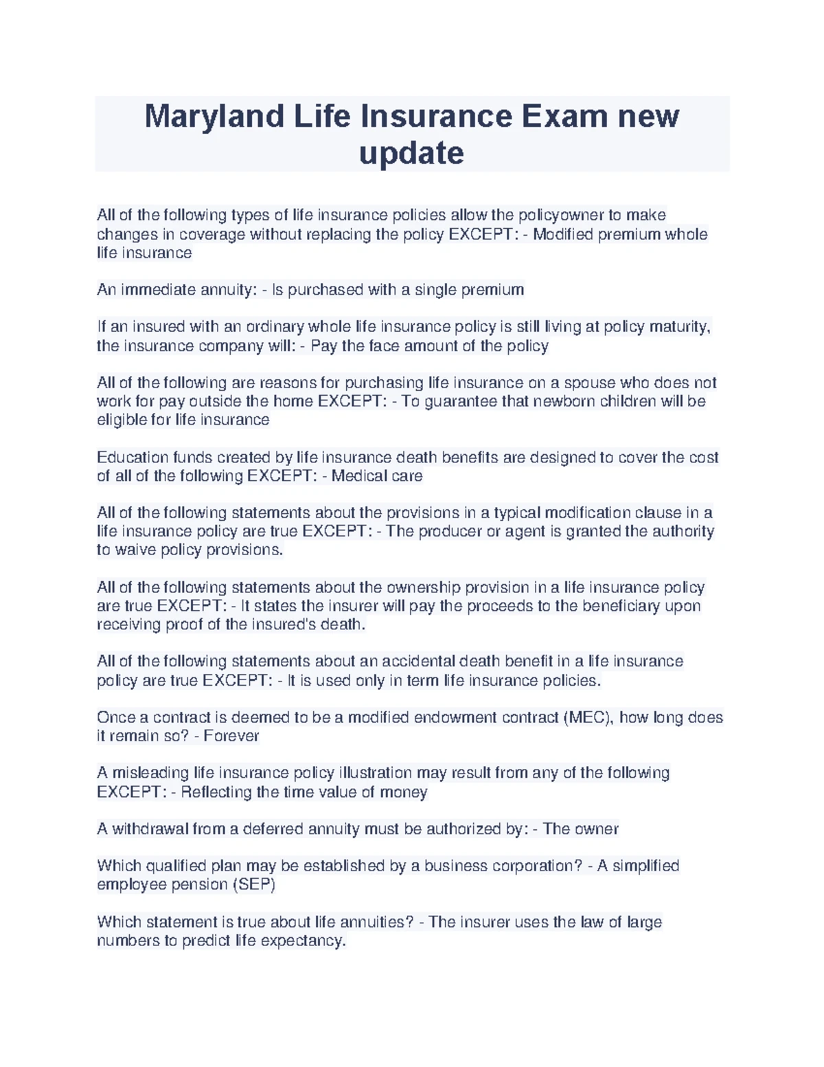 Missouri Life and Health Insurance Final Exam full update - Missouri ...