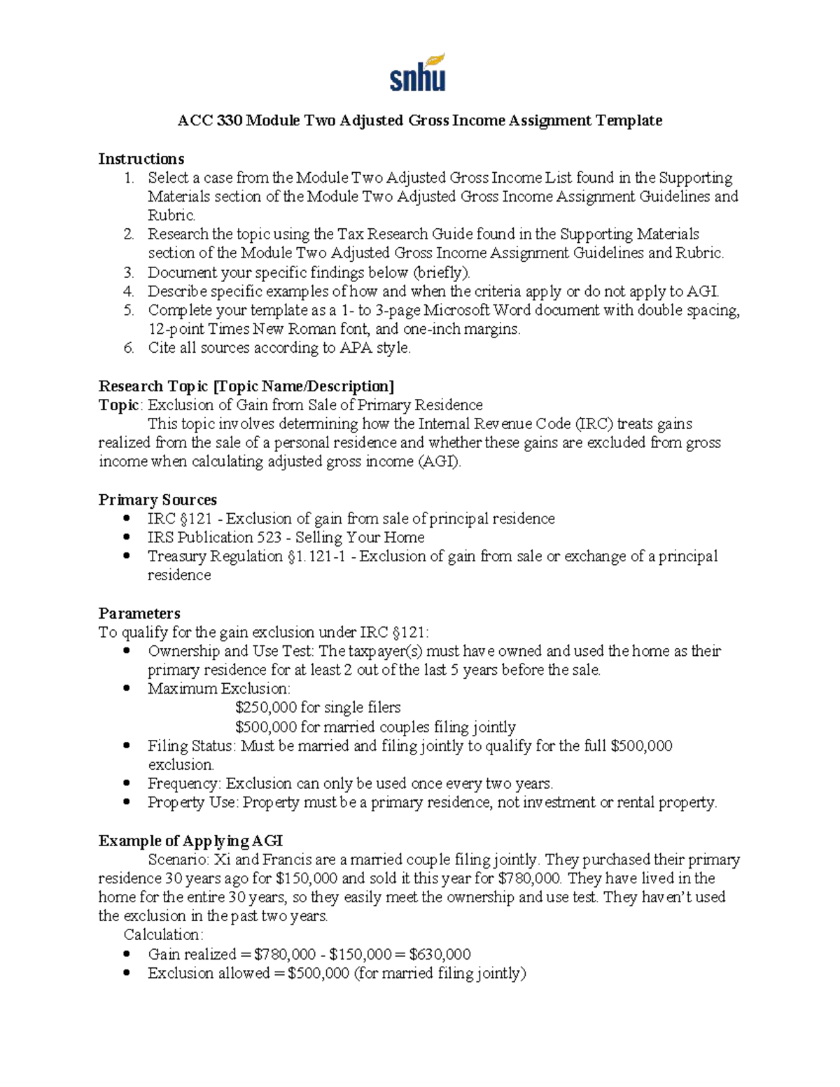 ACC 330 Module Two AGI Assignment: Exclusion of Gain from Sale of ...
