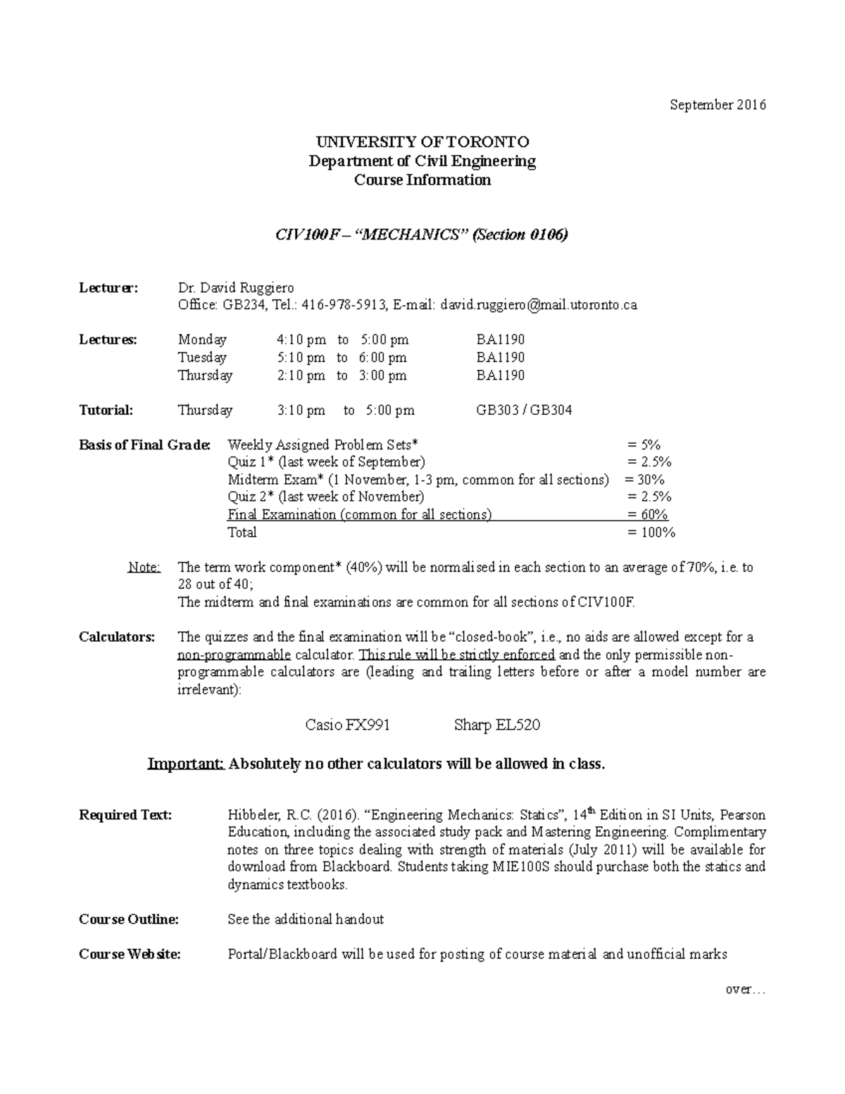 CIV100F - Mechanics Course Syllabus and Assessment Overview - Studocu