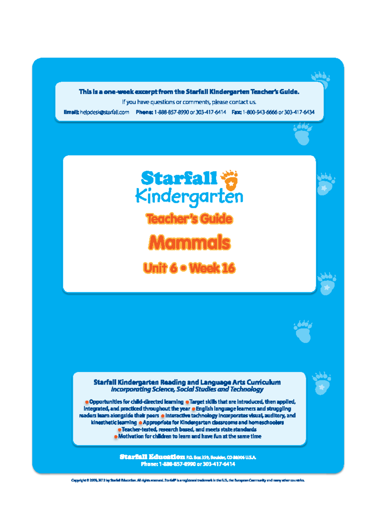 Starfall Kindergarten Curriculum: Week 16 - Mammals Unit - Studocu