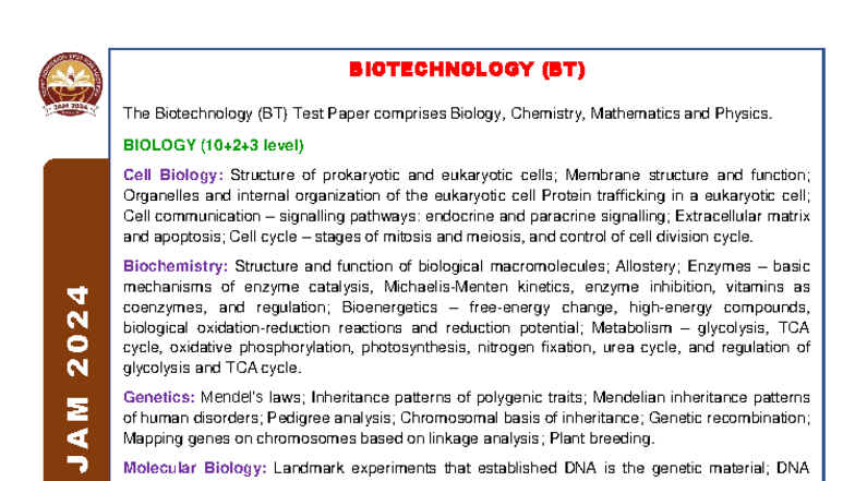 IIT JAM Biotechnology Syllabus Overview 2024 - Studocu