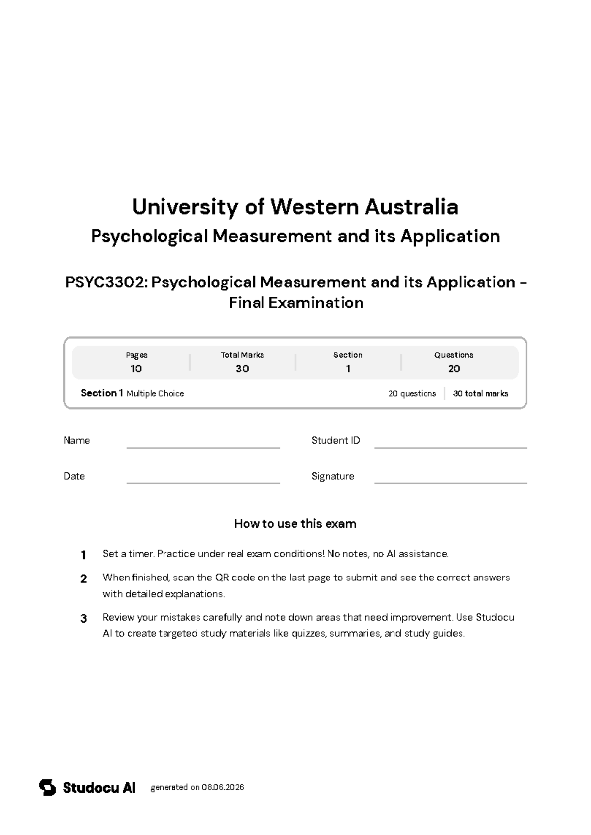 PSYC3302: Psychological Measurement - Final Exam - Studocu