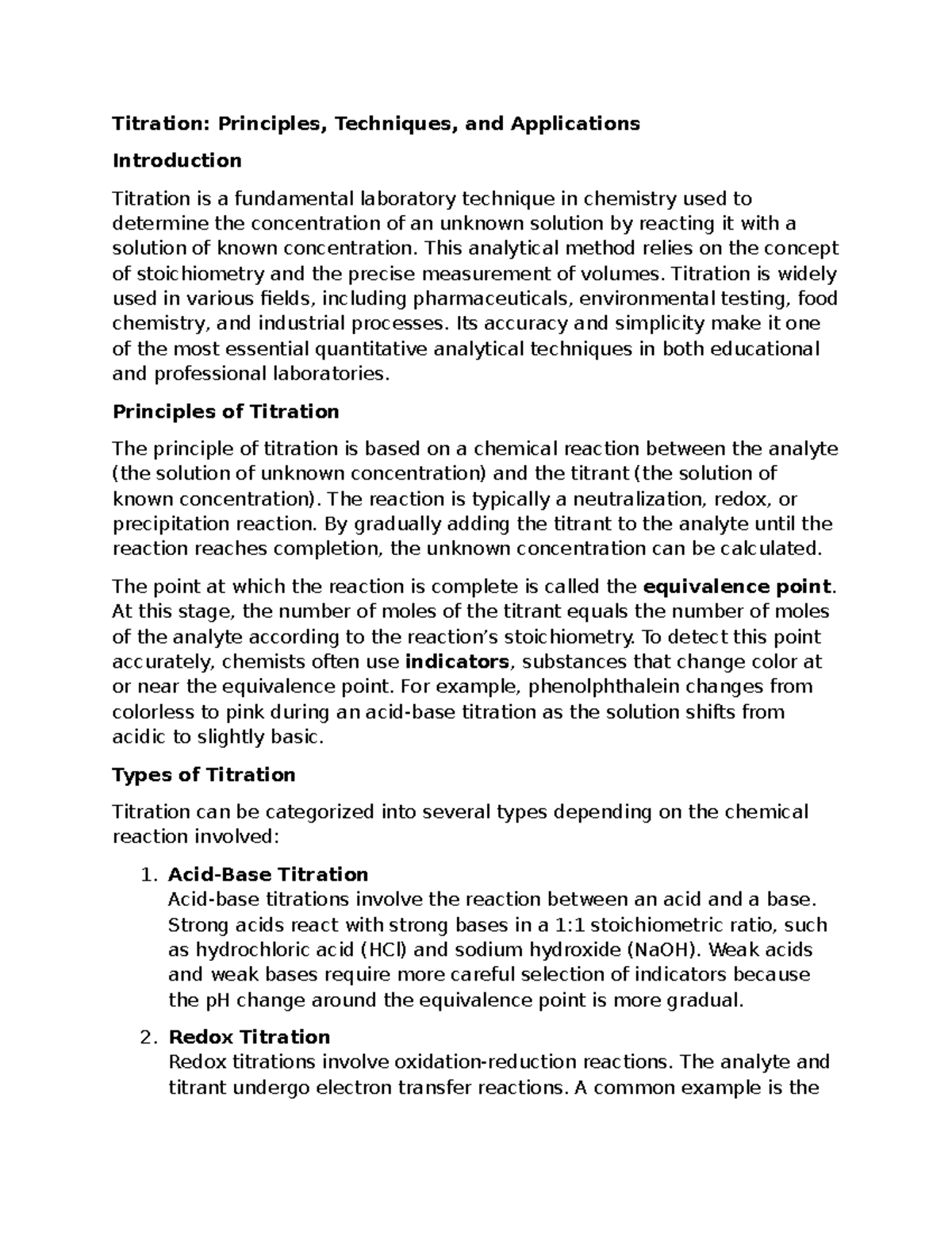 Titration Techniques and Applications - Notes for CHEM 101 - Studocu