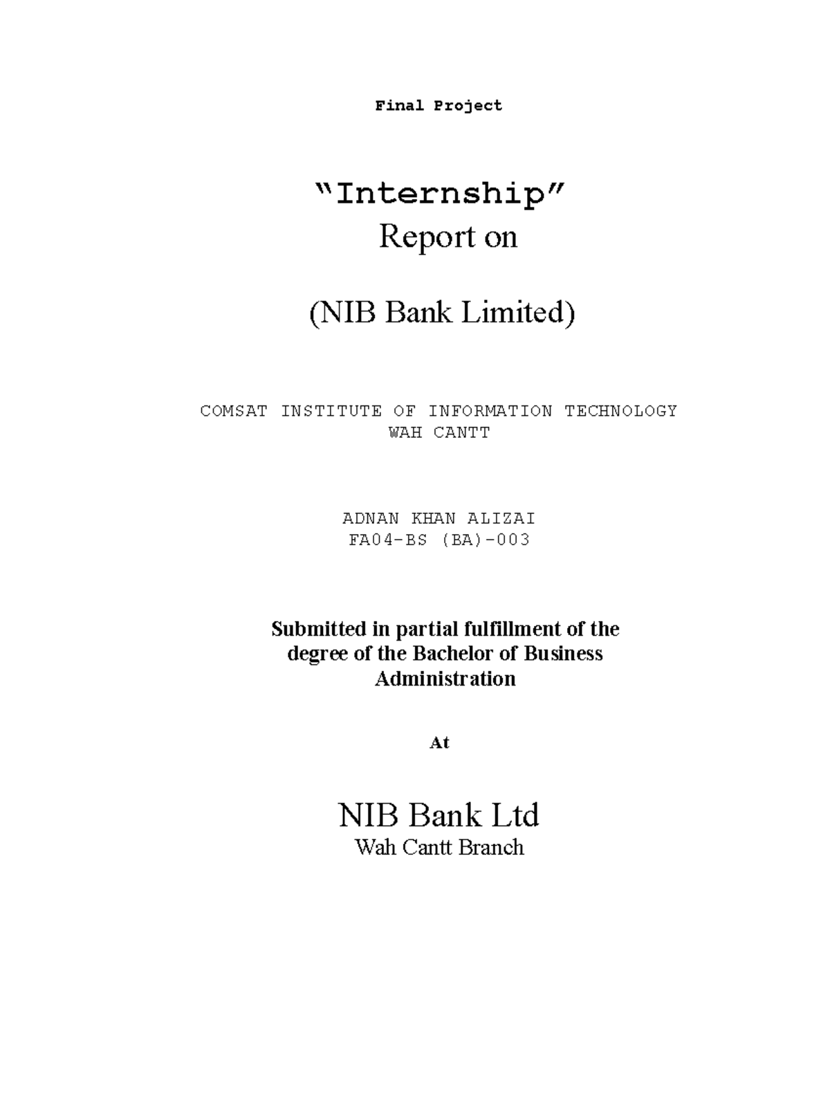 Document nice very - Final Project “Internship” Report on (NIB Bank ...