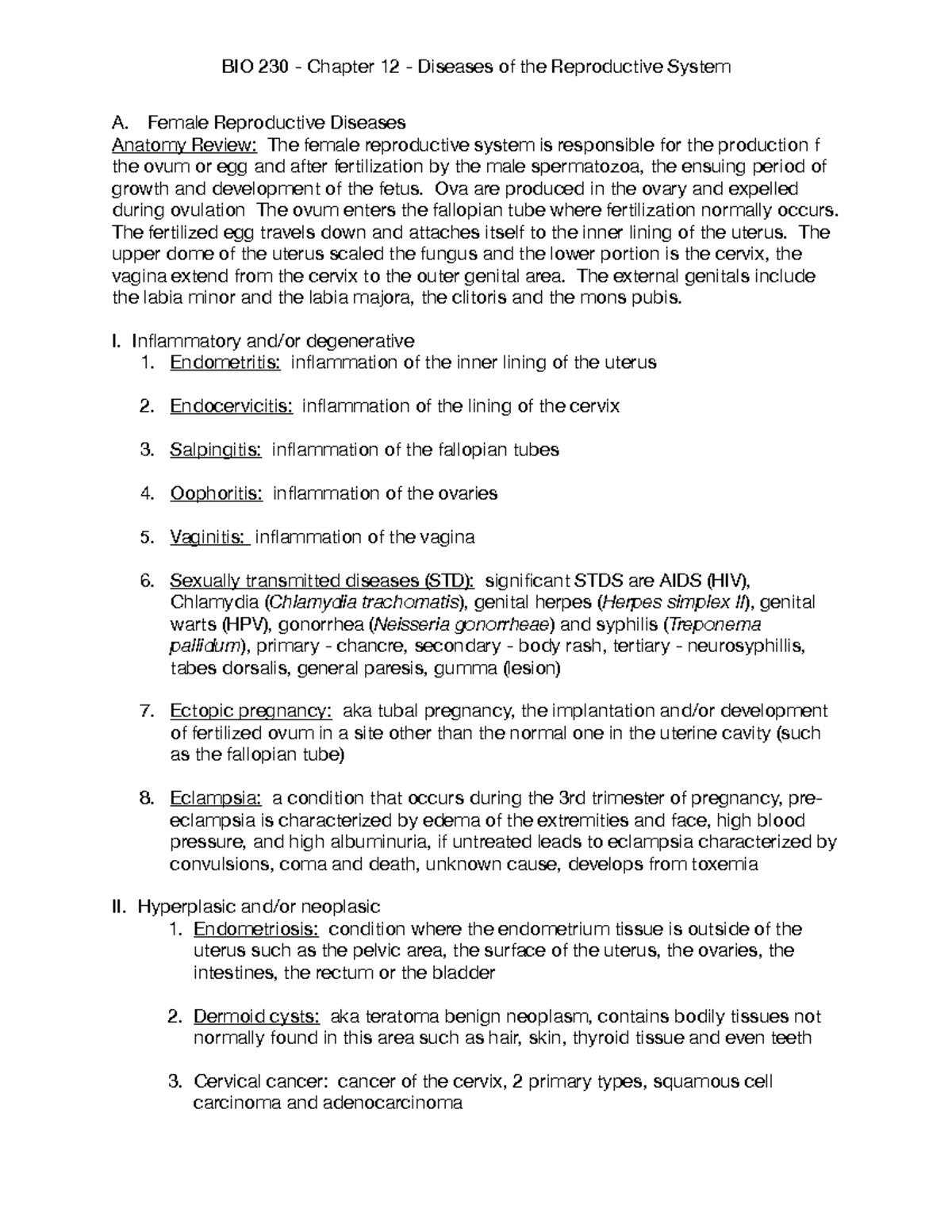 BIO230 Pathology Final Exam Notes on Reproductive & Endocrine Diseases ...