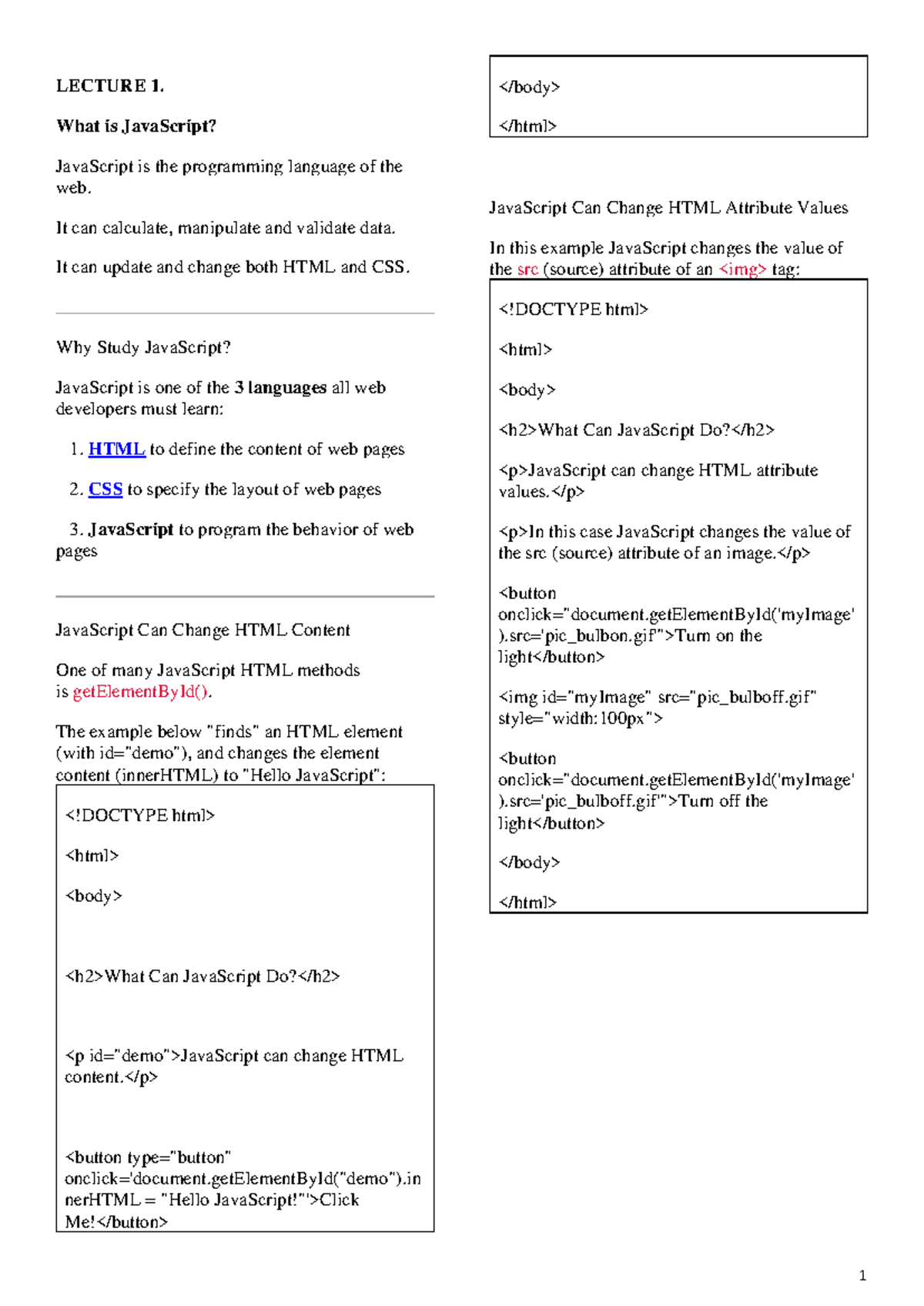 LECTURE 1: Introduction to JavaScript Basics (Grade 10 Q2) - Studocu