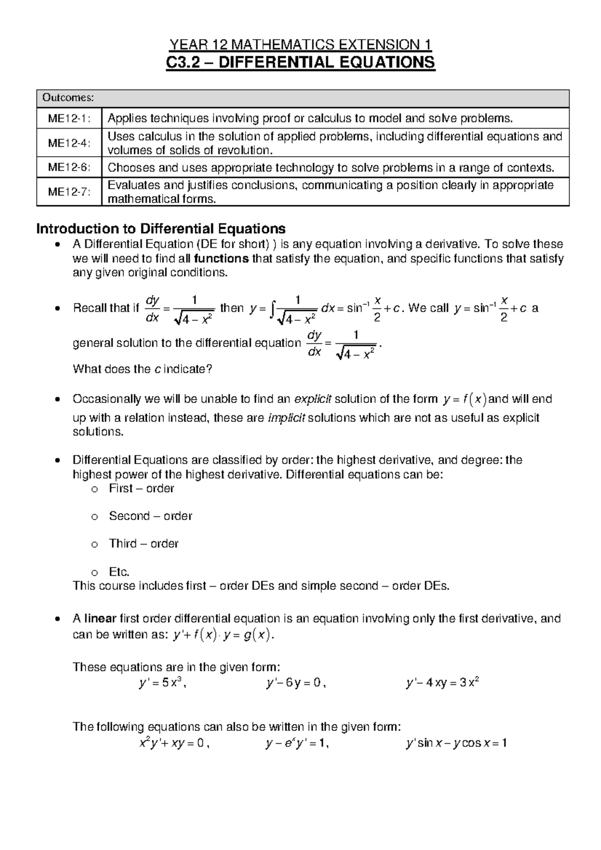 Year 12 mathematics extension 1 C3.2 differential equations notes - Studocu