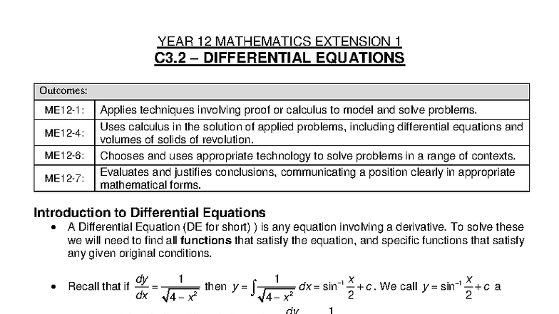 Year 12 mathematics extension 1 C3.2 differential equations notes - Studocu