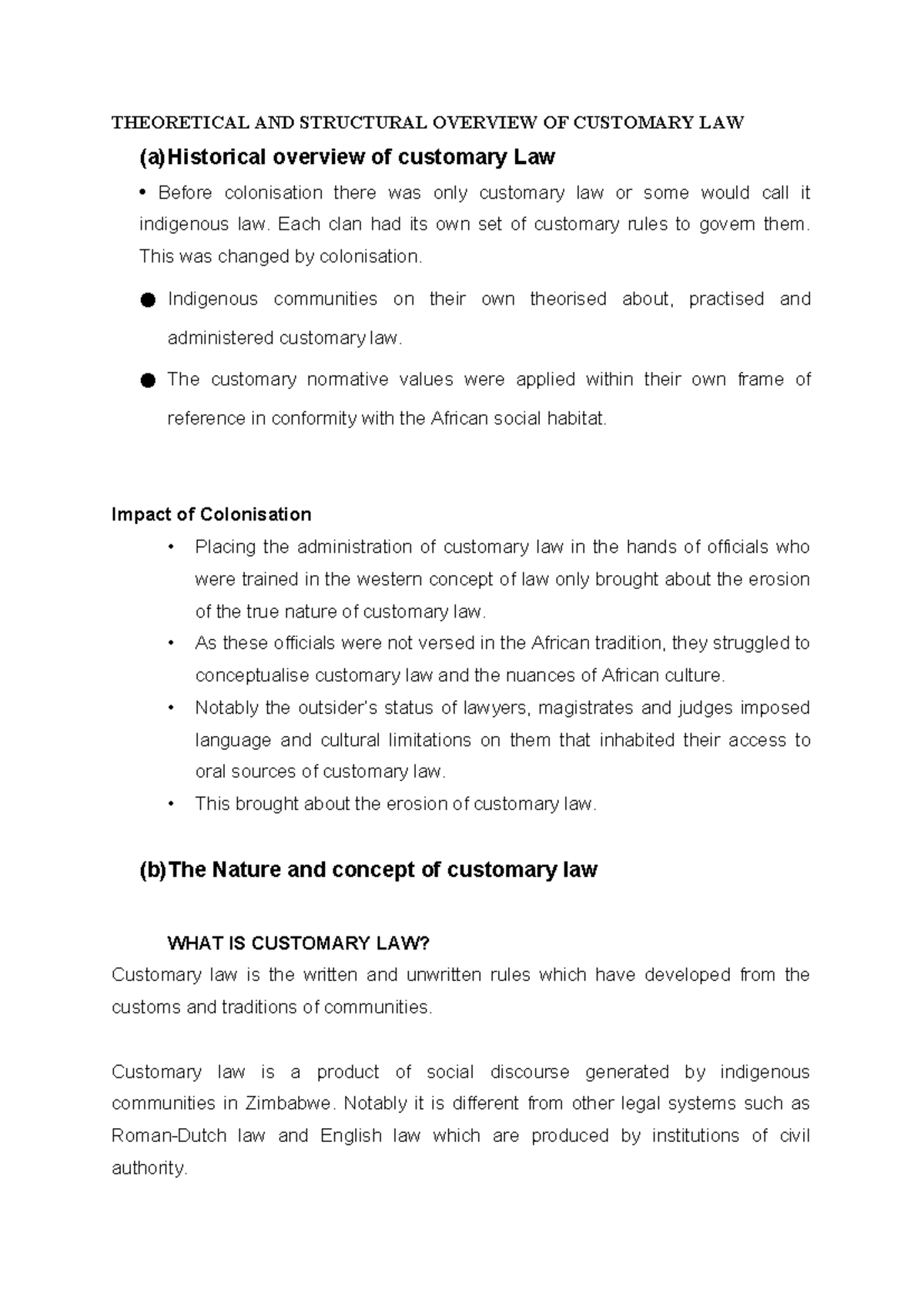 Customary Law Lecture 1: Historical and Structural Overview - Studocu