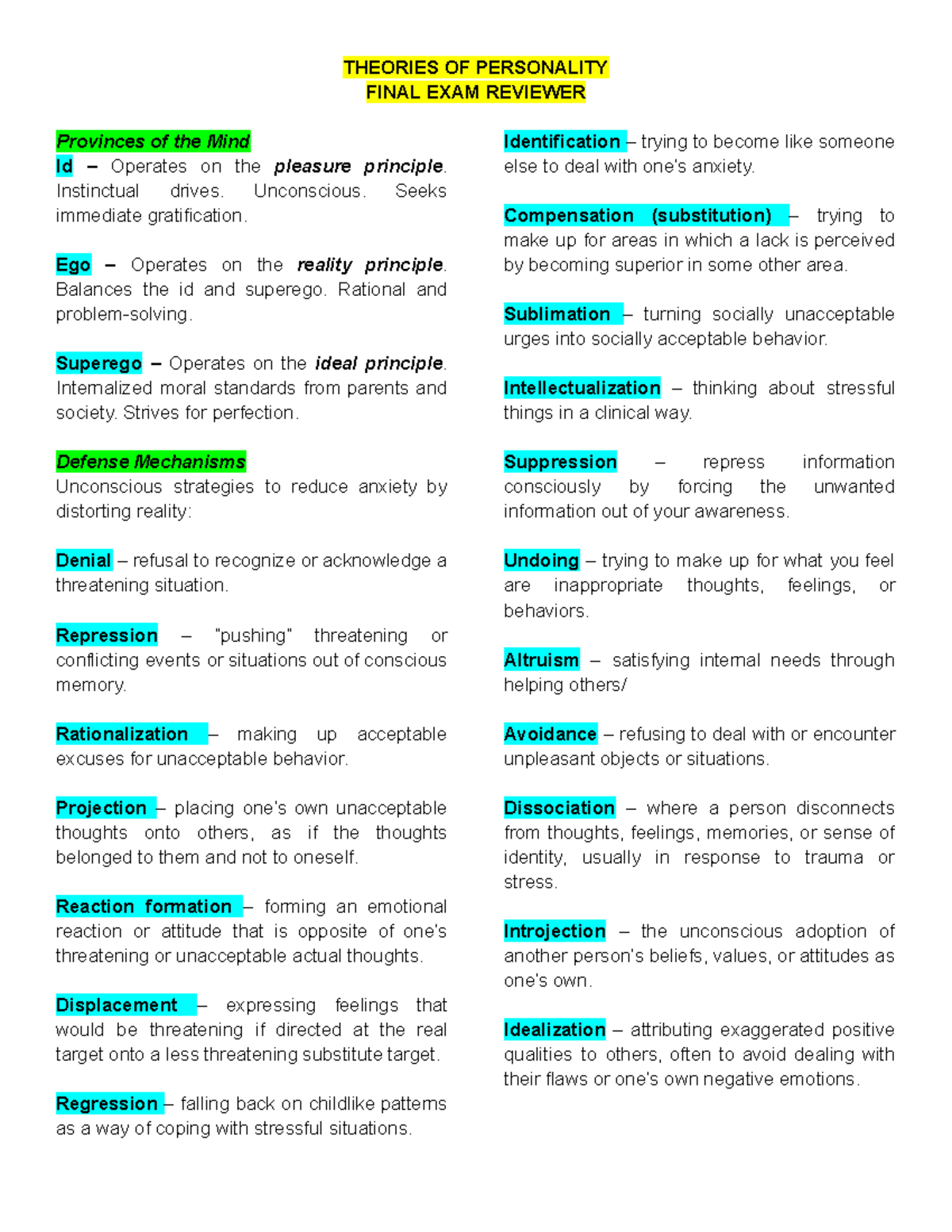 THEORIES OF PERSONALITY PSY 101 FINAL EXAM REVIEWER - Studocu