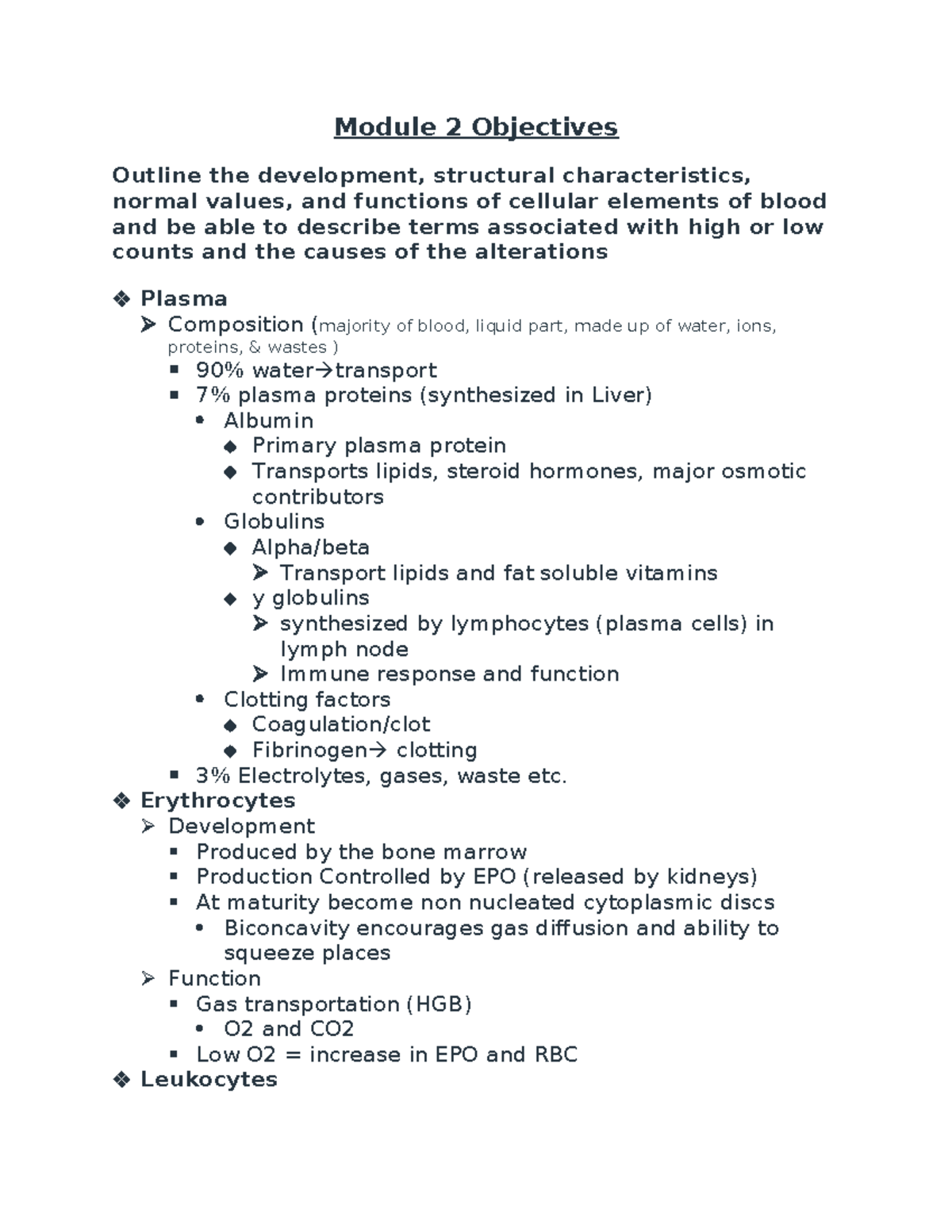 Module 2 Objectives: Blood Cellular Elements & Anemia Overview - Studocu
