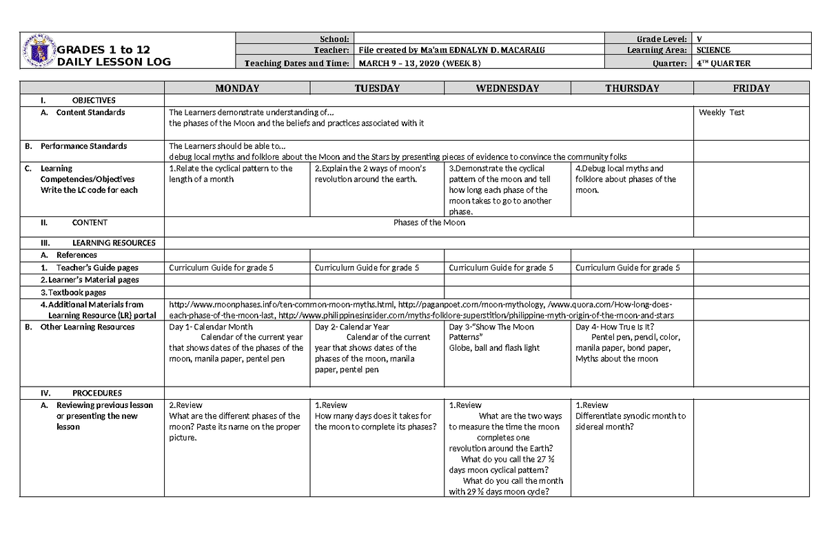 DLL Science 5 Q4 W8: Understanding the Phases of the Moon - Studocu