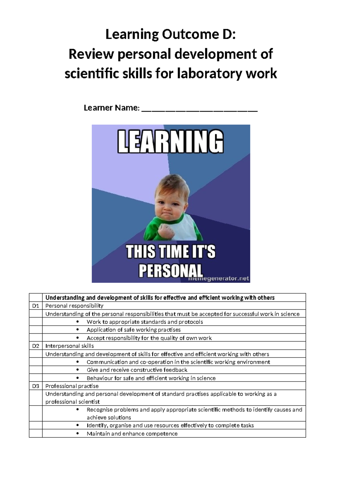Learning Outcome D: Skills Development for Laboratory Work - Studocu