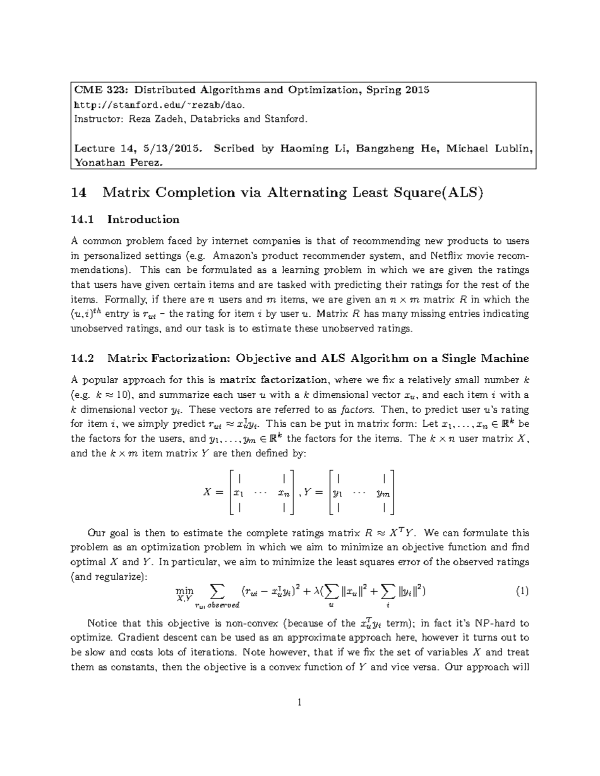 CME 323: Lecture 14 - Matrix Completion via ALS Techniques - Studocu