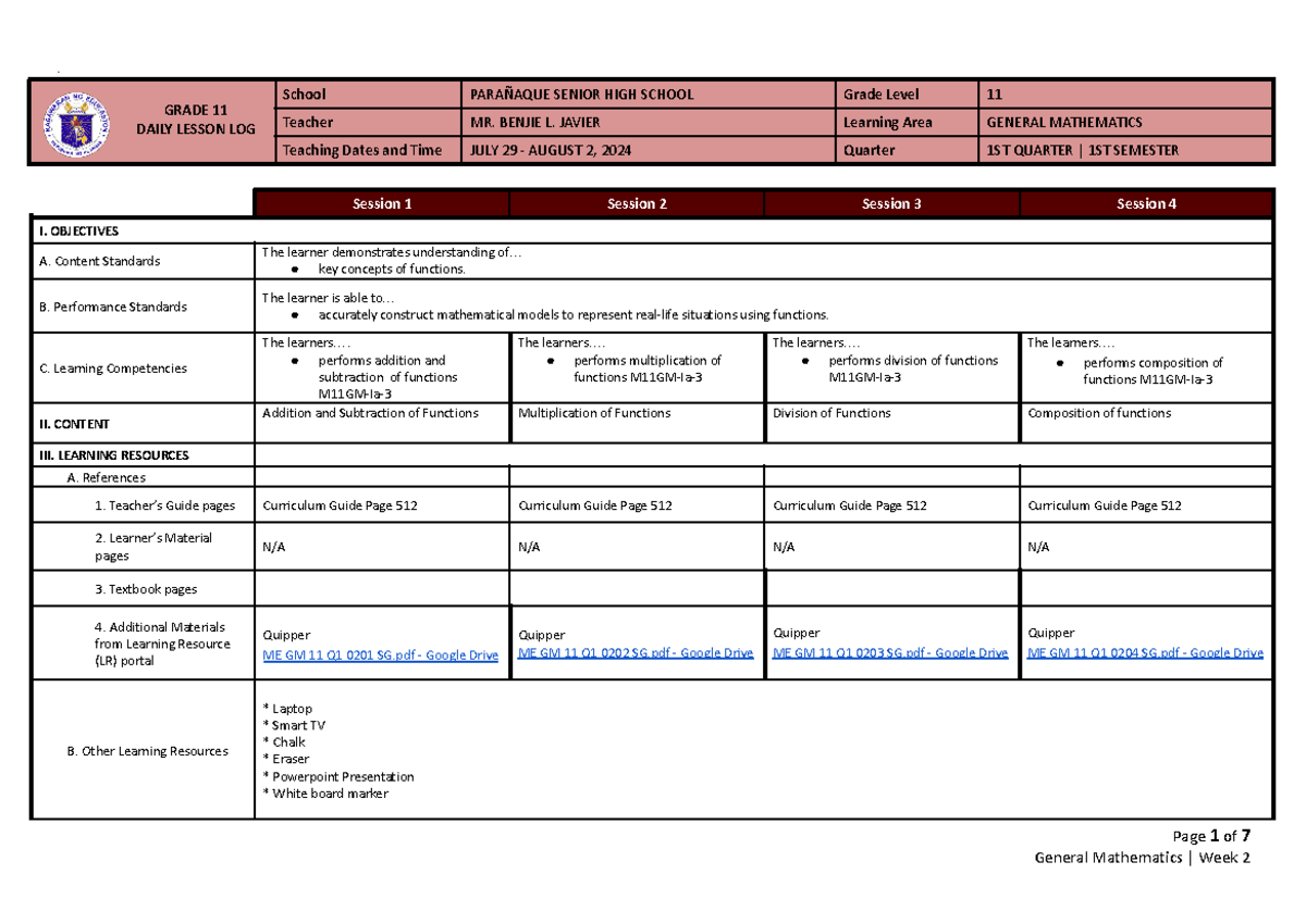 GEN MATH GRADE 11 DAILY LESSON LOG: WEEK 2 (Aug 5-9, 2024) - Studocu