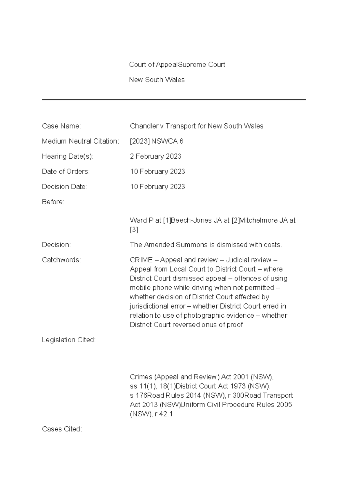 Chandler v Transport for New South Wales [2023] Nswca 6 - Court of ...