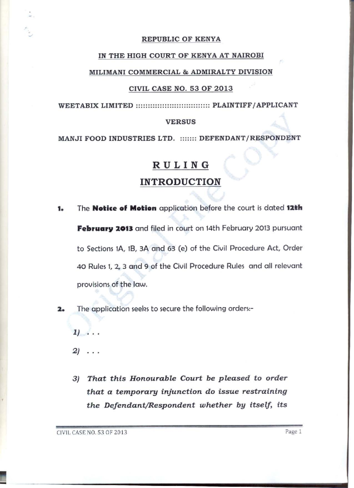 High Court Ruling: Weetabix Ltd vs Manji Food Ind. (Civil Case No. 53/ ...