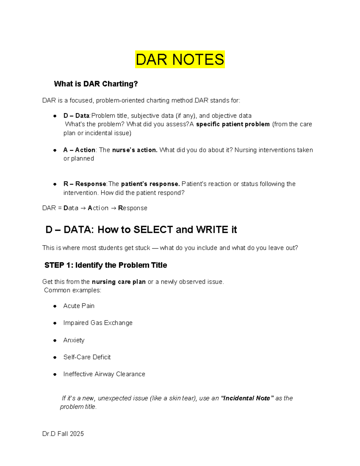 Orthopedic Nursing DAR Charting Guide - Dr.D Fall 2025 - Studocu