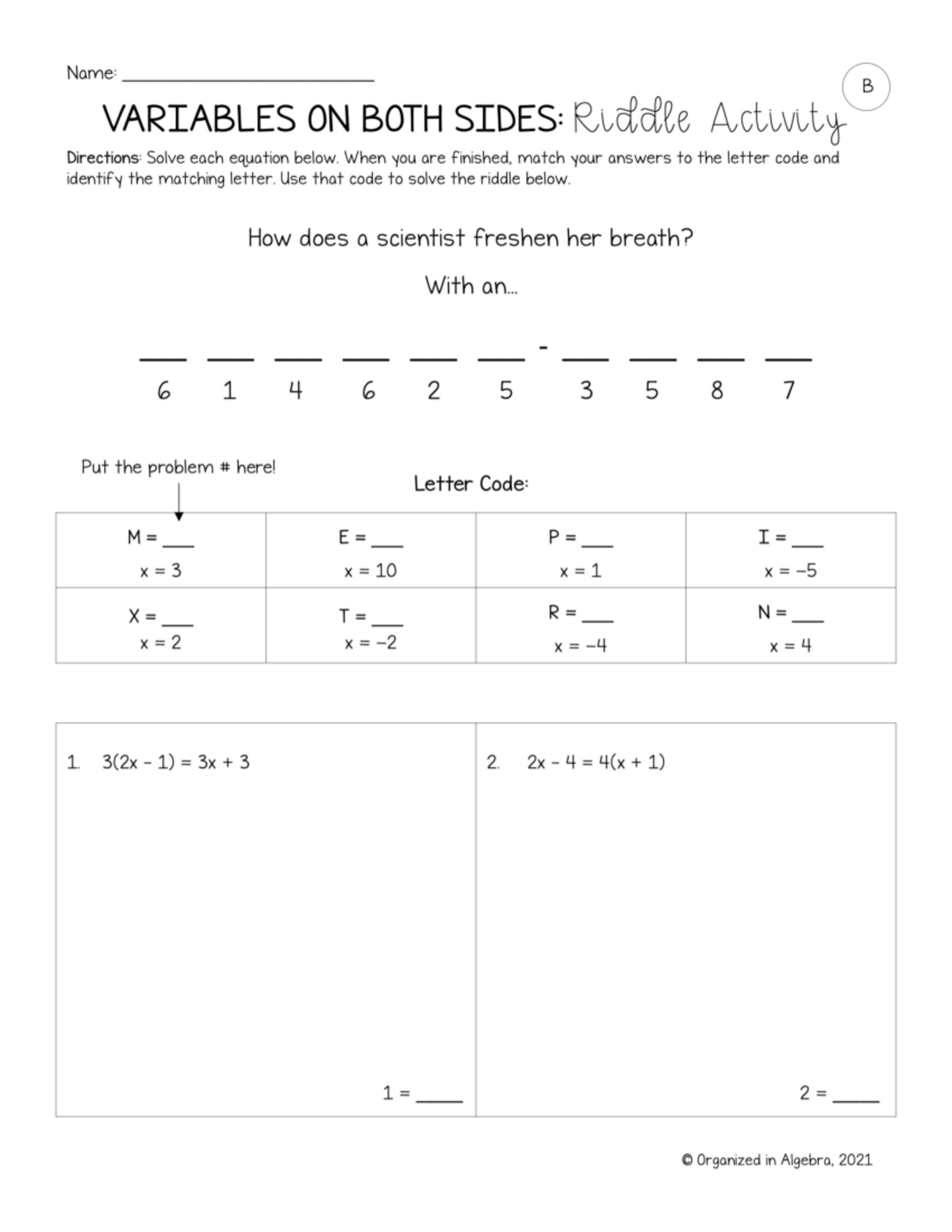 Mannex Charusarn - Solving Equations Riddle - Name: B VARIABLES ON BOTH ...
