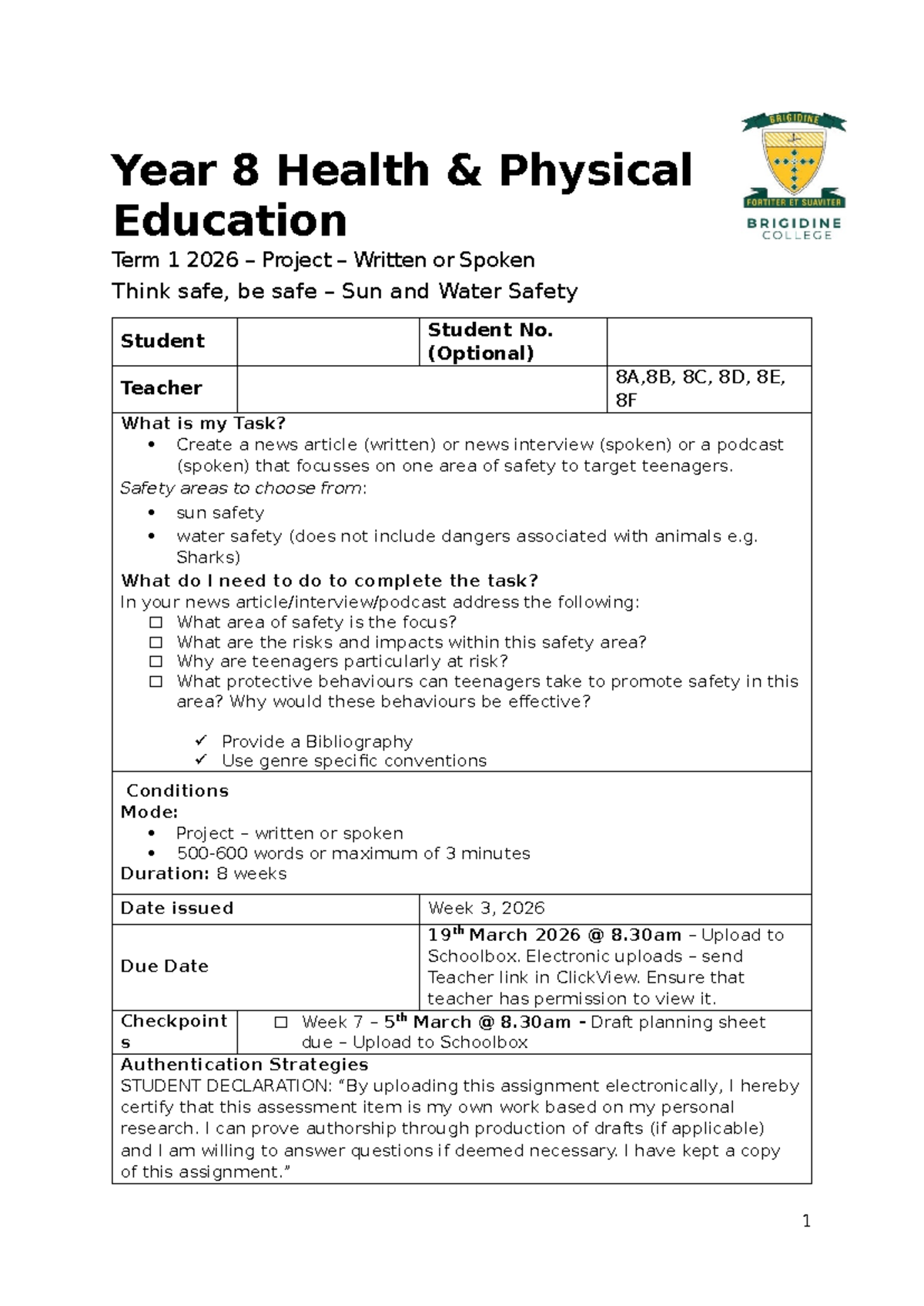 Year 8 Health PE Term 1 2026 Project: Sun & Water Safety - Studocu