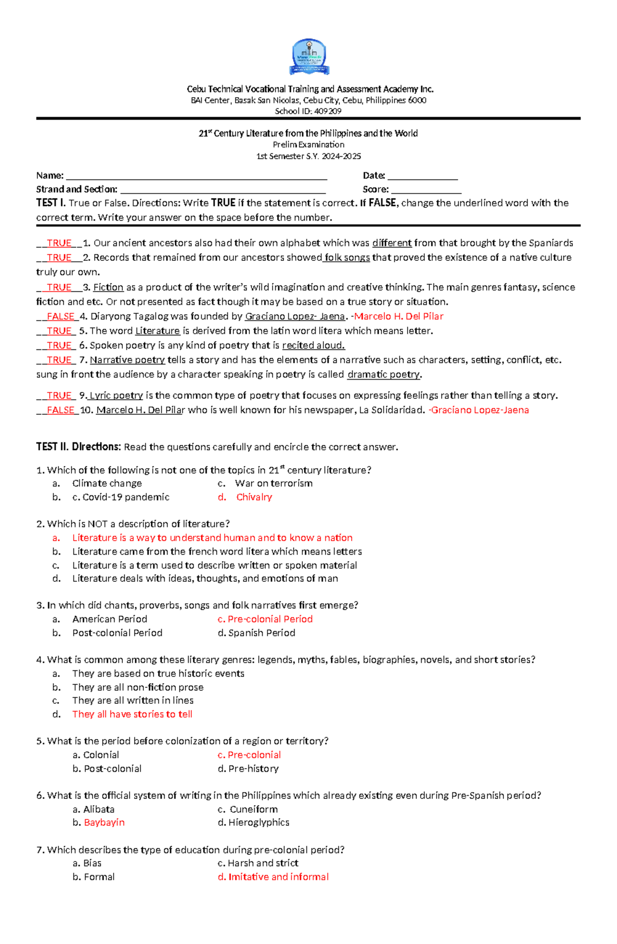 Prelim Exam Answer Key for 21st Century Literature (1st Sem S. 2024 ...