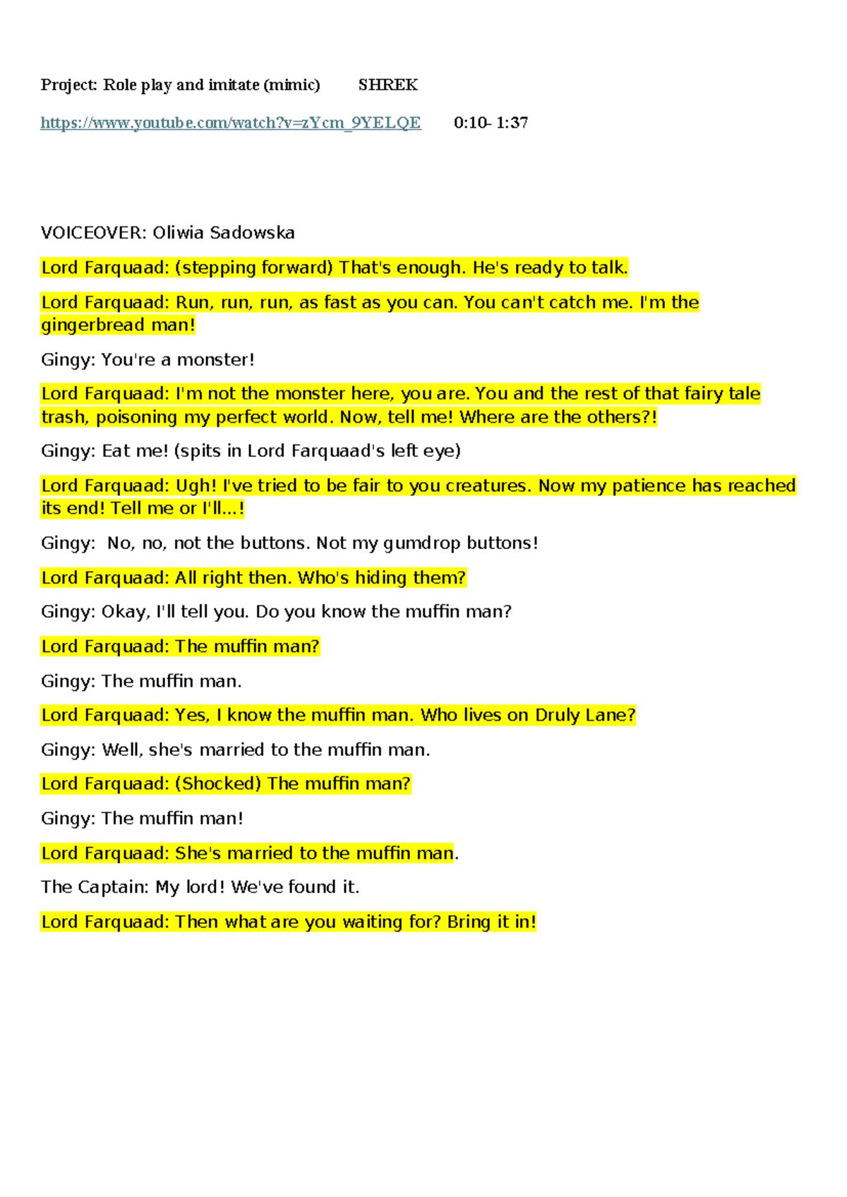 Project: Role Play & Imitate - Shrek Voiceover (Oliwia) - Studocu