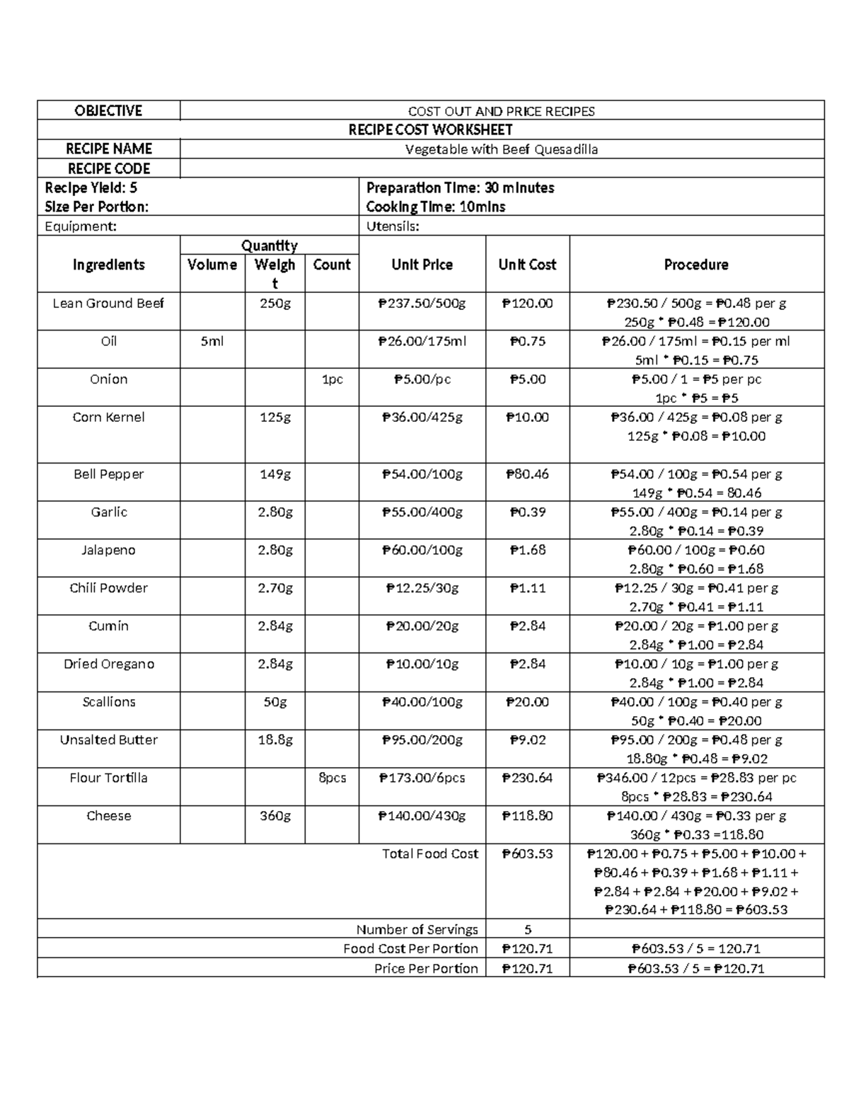 Costing - RECIPE COST WORKSHEET RECIPE NAME Vegetable with Beef ...