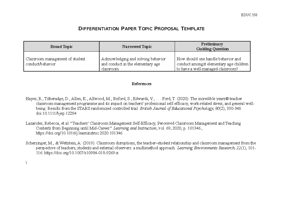 New Differentiation Paper Topic Proposal Template - EDUC 350 ...