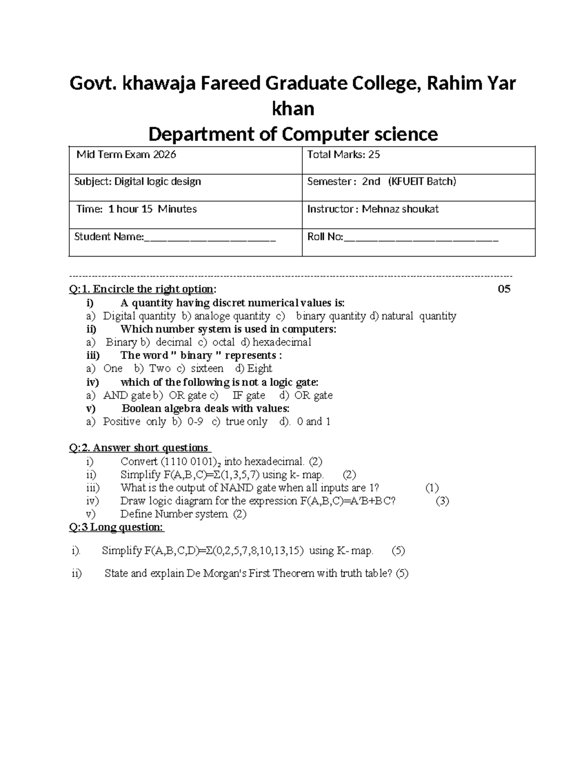 BSIT DLD Midterm Exam 2026 - Digital Logic Design Papers - Studocu