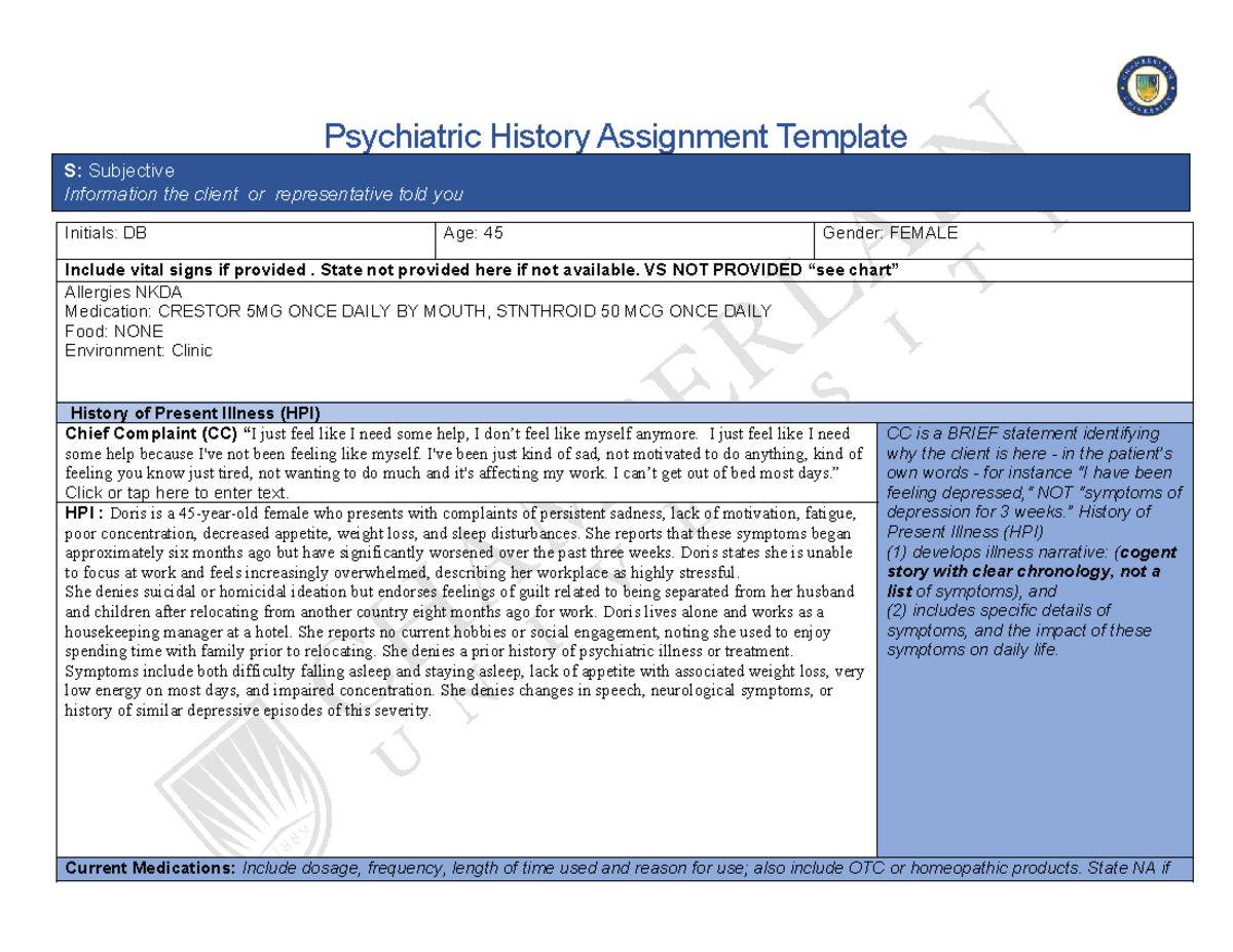 NR 548 Psychiatric History Assignment Template - Week 4 - Studocu