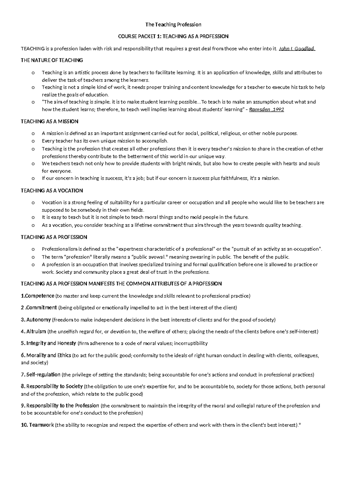TTP 1: Understanding the Teaching Profession and Its Core Roles - Studocu