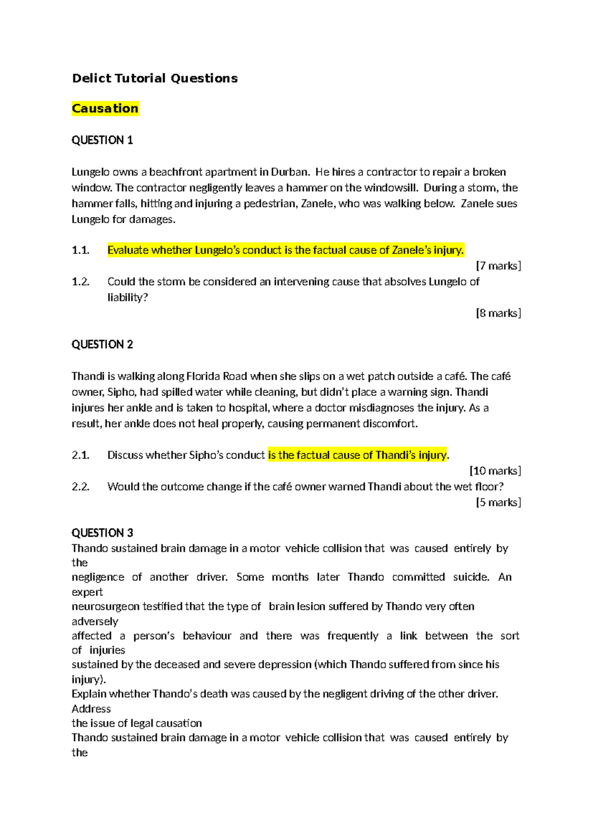 Delict Tutorial Questions: Causation and Liability Analysis - Studocu