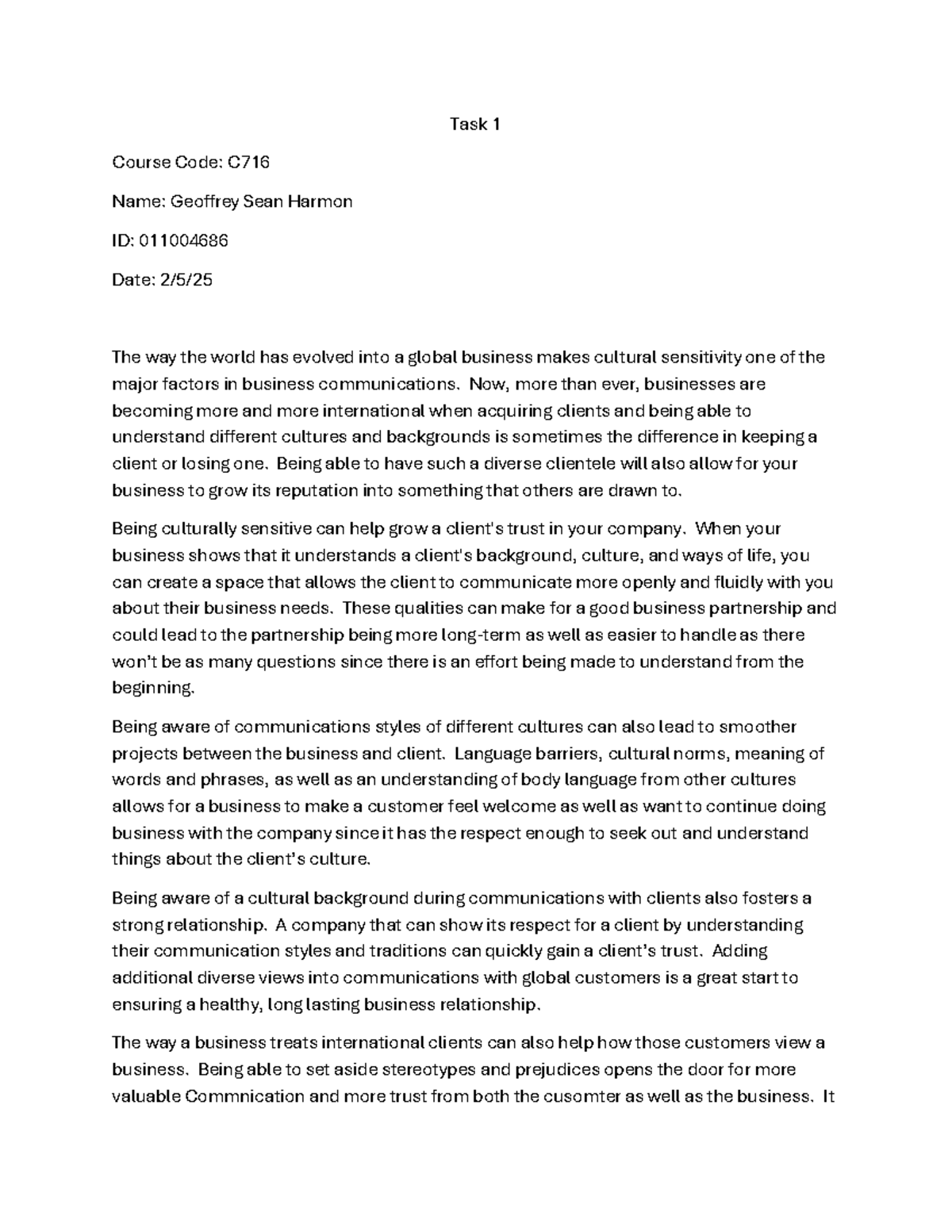 C716 Task 1 Final - Task 1 Course Code: C Name: Geoffrey Sean Harmon ID ...