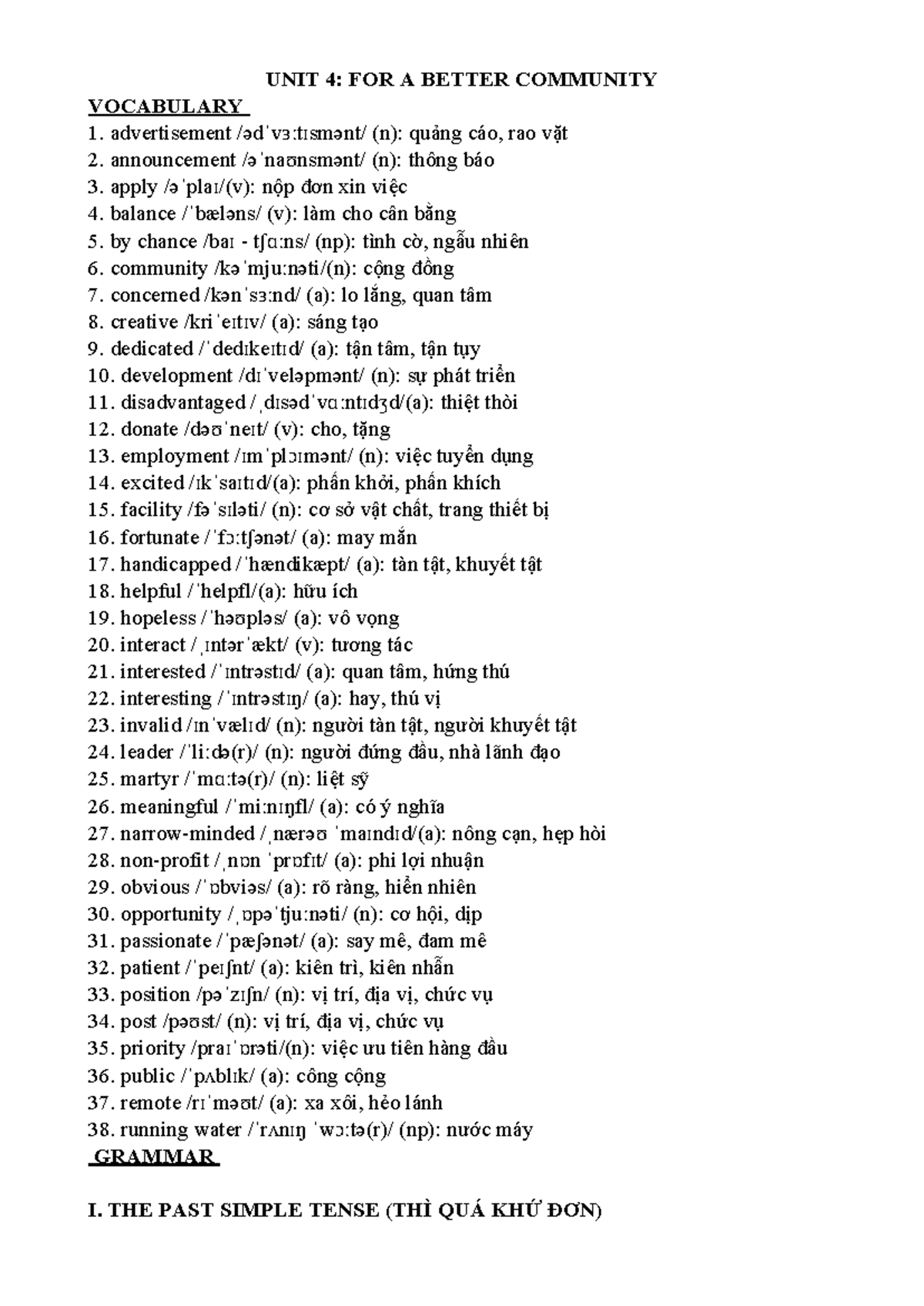 UNIT 4: VOCABULARY & GRAMMAR NOTES - ENGLISH 10 - Studocu