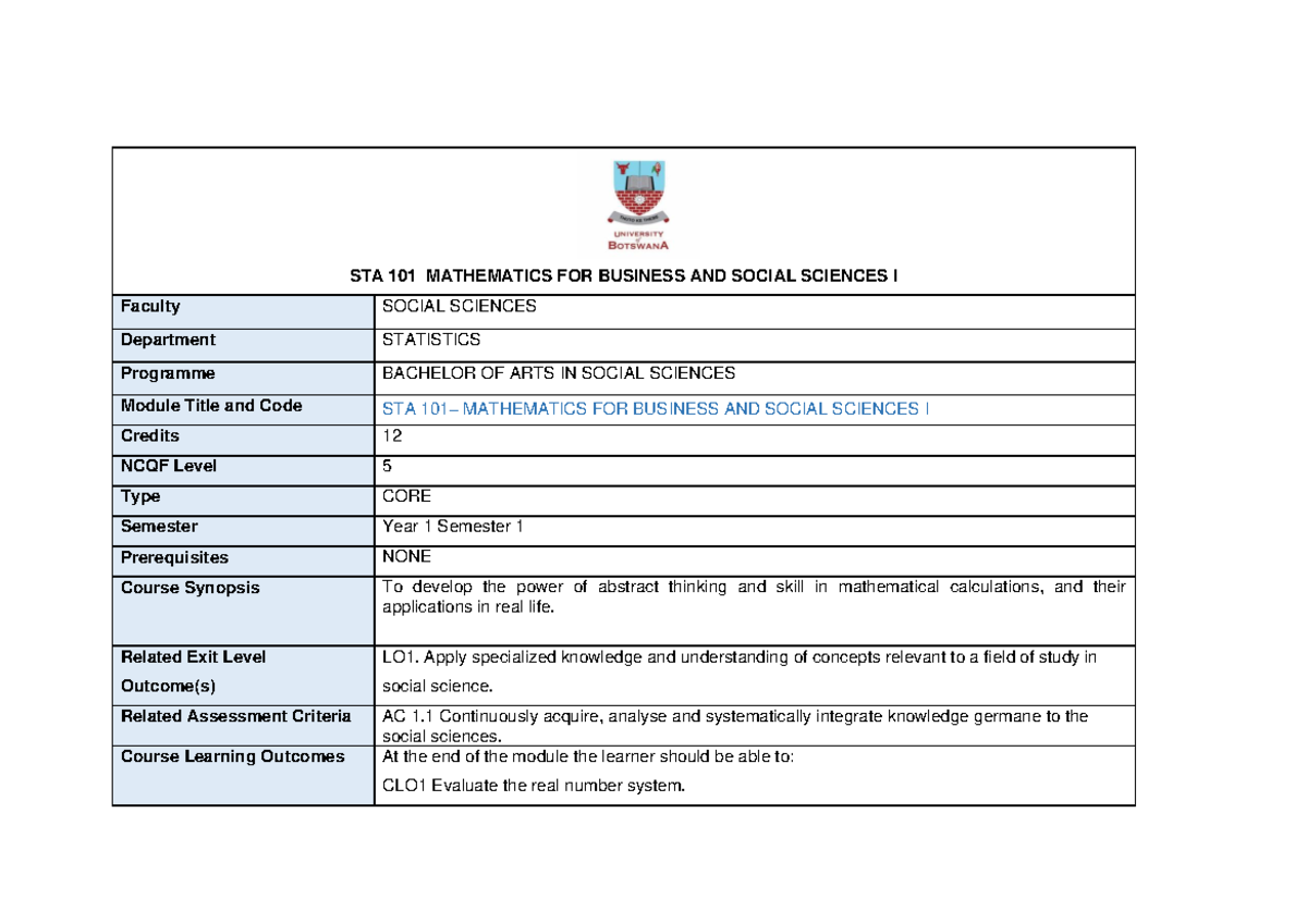 STA 101 Course Outline: Mathematics for Business and Social Sciences I ...