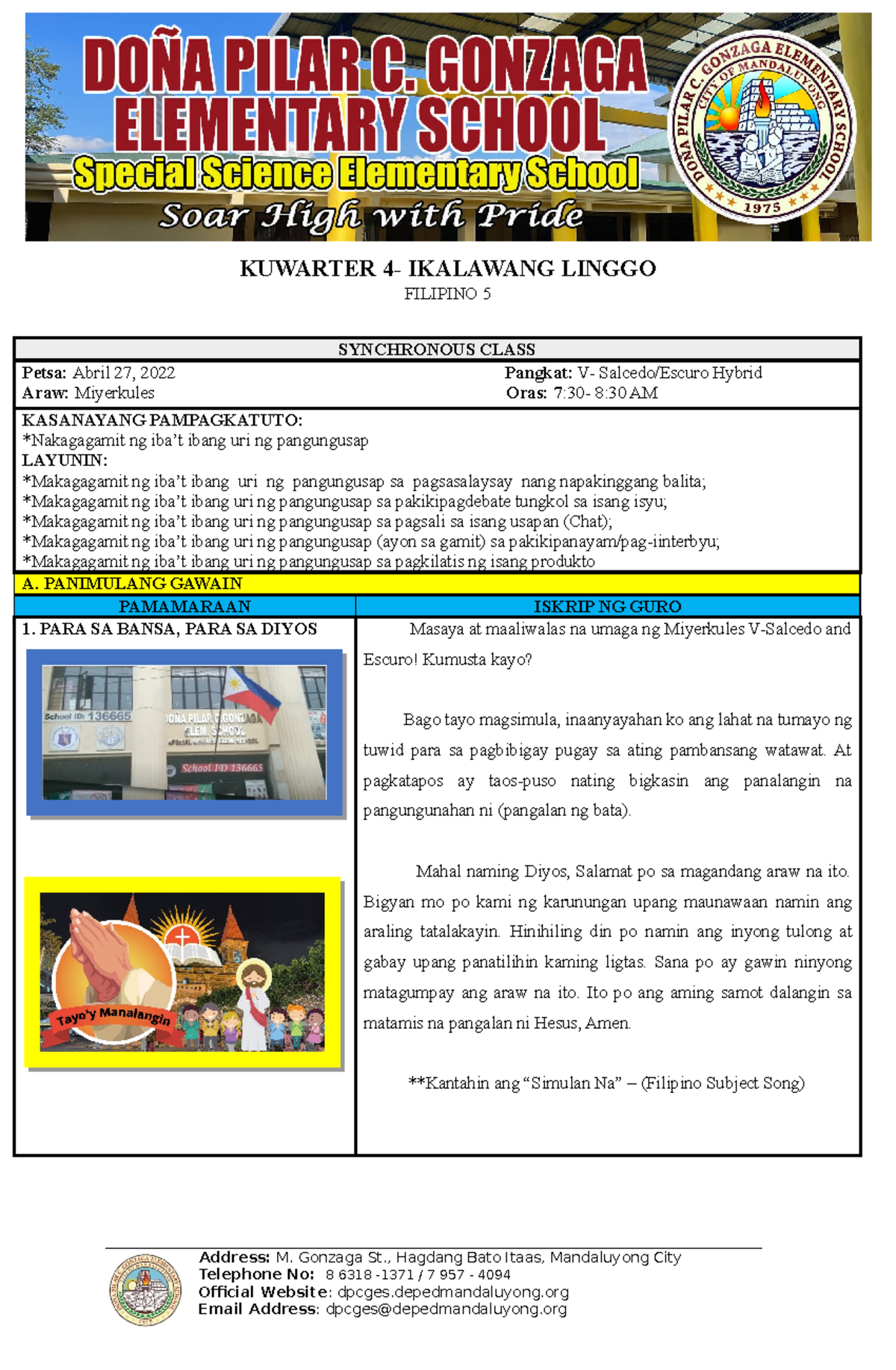 1st-COT-Filipino - Lesson Plan - KUWARTER 4- IKALAWANG LINGGO FILIPINO ...