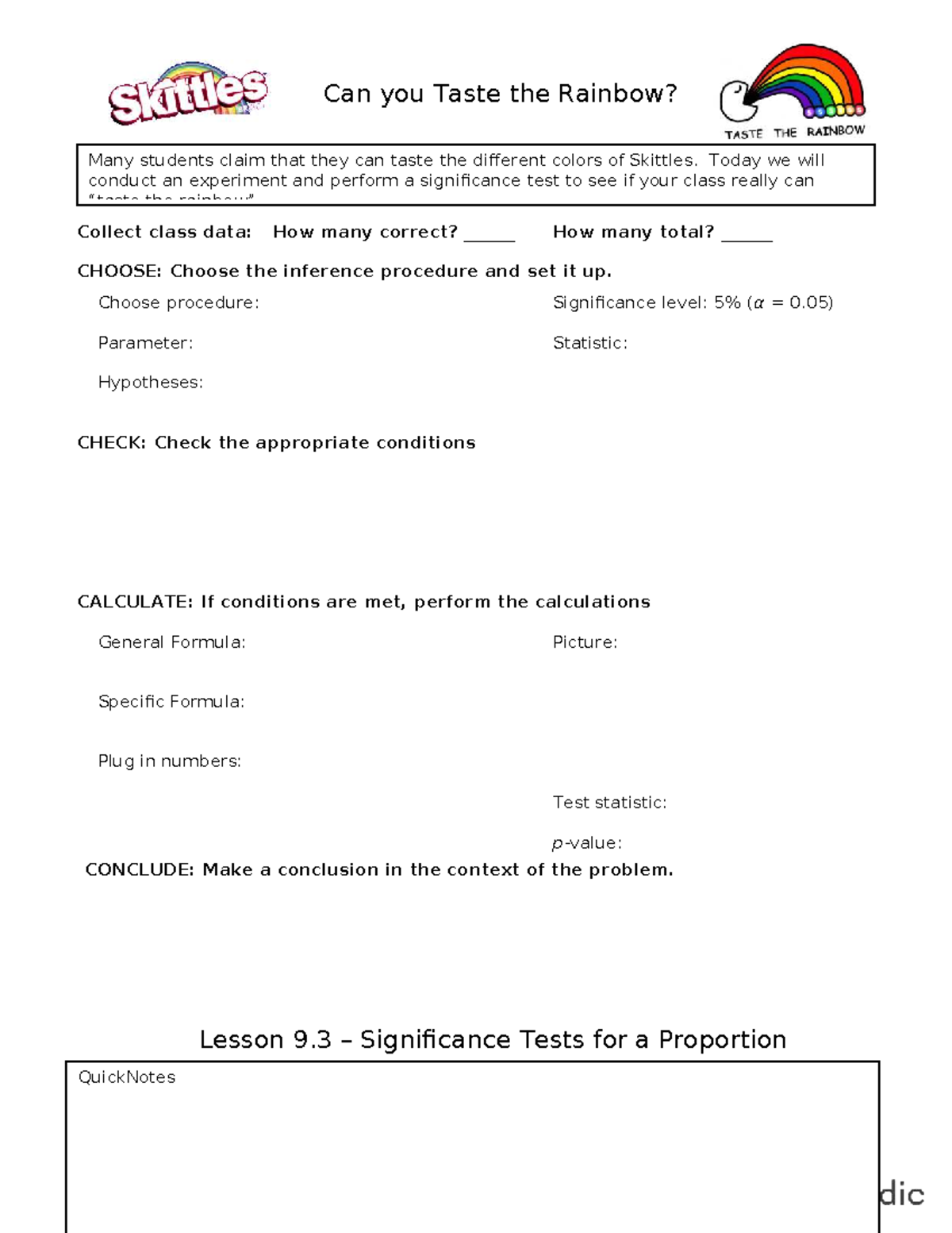 Lesson 9.3 AP Stats: Significance Tests for Proportions QuickNotes ...