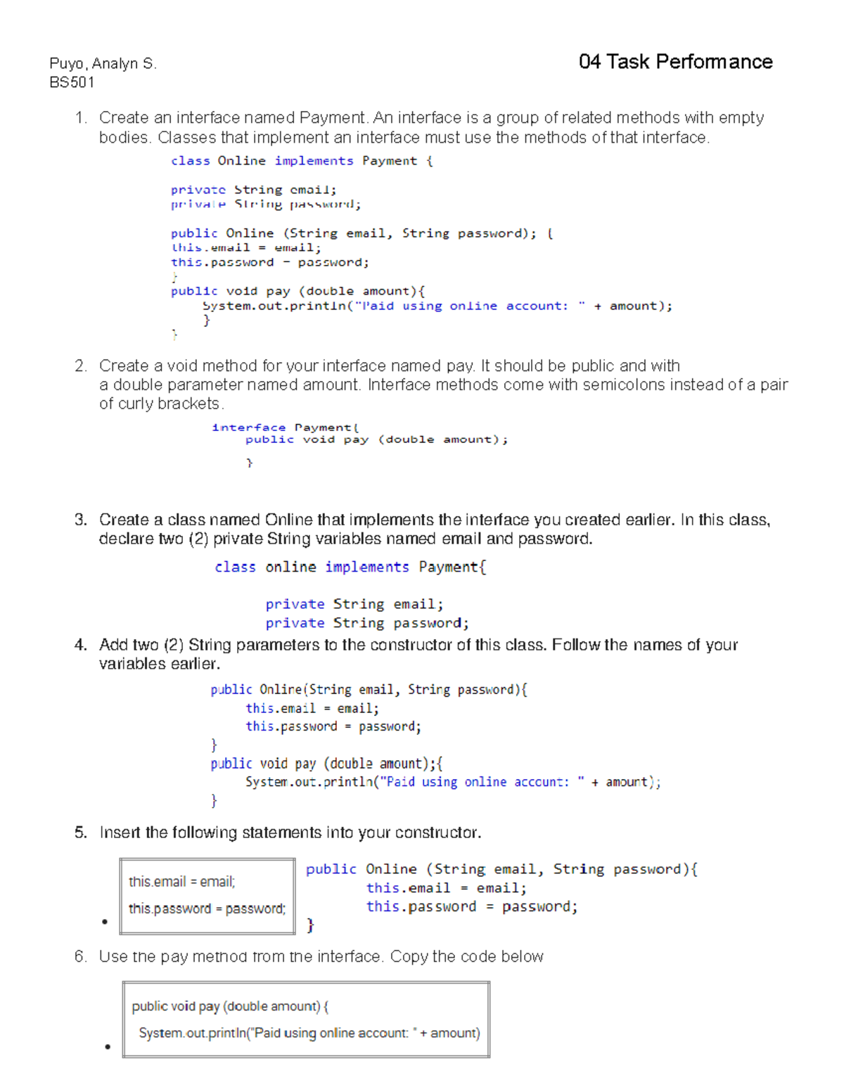 BS501 04 Task Performance: Implementing Payment Interface in Java - Studocu