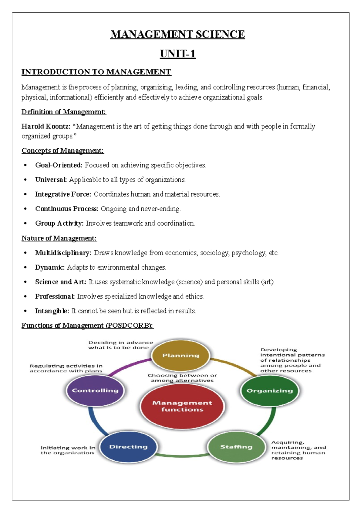 MS UNIT 1: Introduction to Management Concepts and Theories - Studocu
