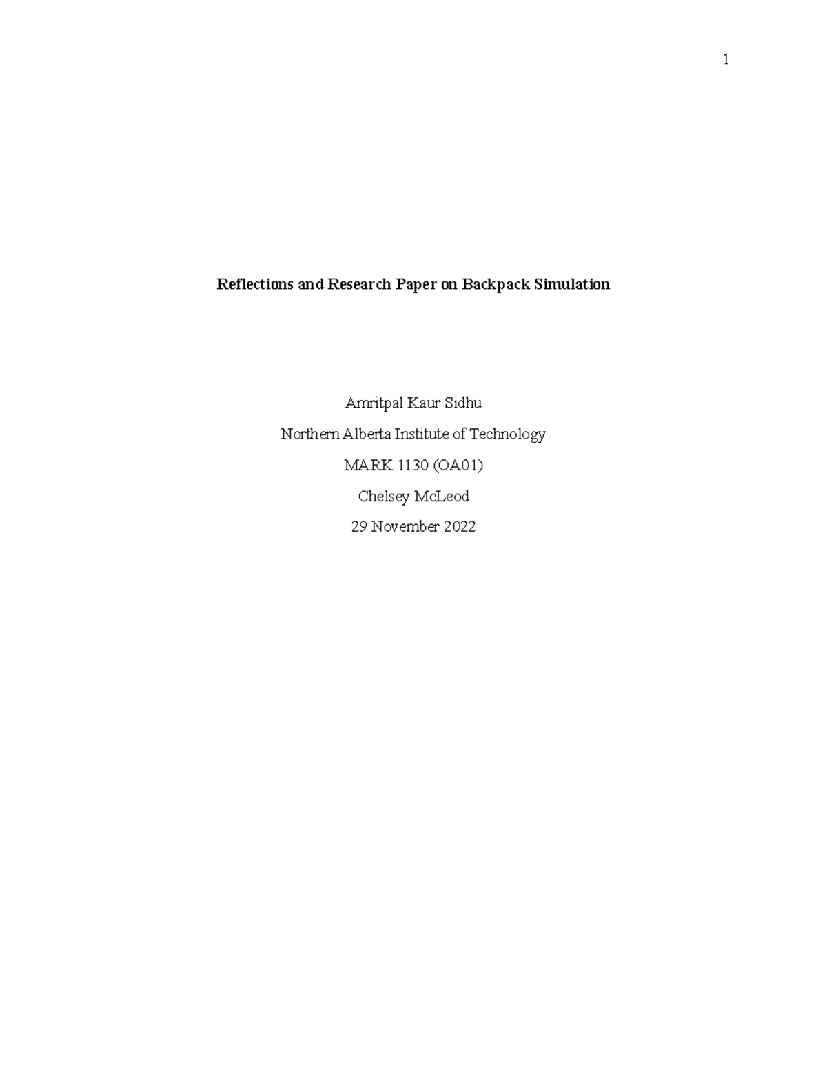 Reflection Paper on Backpack Simulation - MARK 1130 (OA01) - Studocu